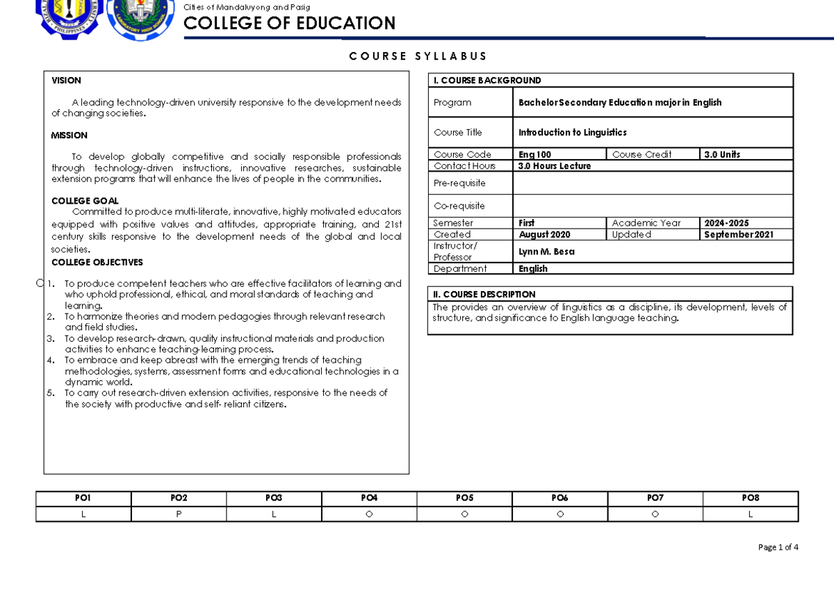 Syllabus Intro to Ling 2024 - C O U R S E S Y L L A B U S Cdf I. COURSE BACKGROUND Program ...