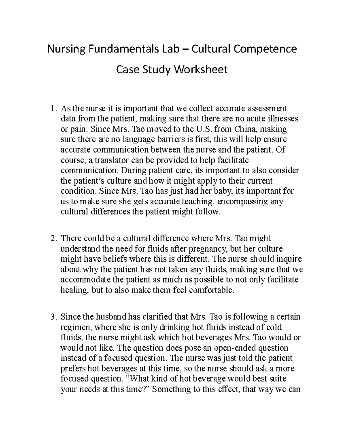 Nursing Fundamentals Lab Cultural Competence Case Study Worksheet - Studocu