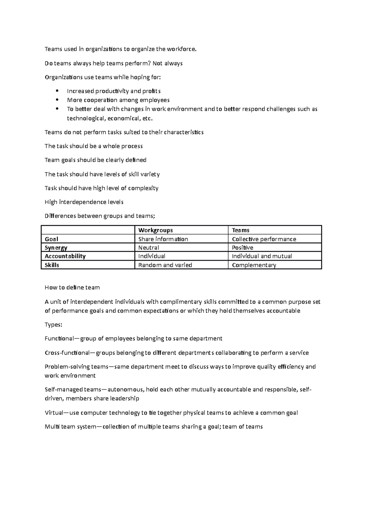 Week 6 notes - teams - Teams used in organizations to organize the ...