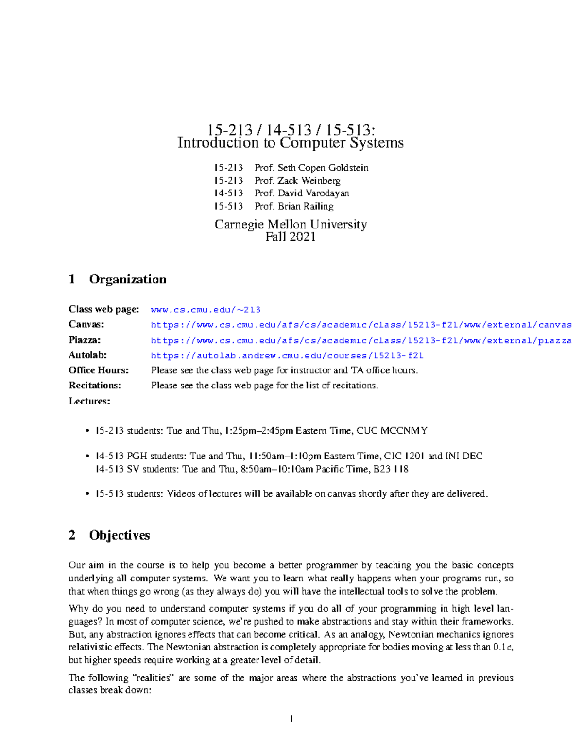 Syllabus - 15-213 / 14-513 / 15-513: Introduction to Computer Systems ...