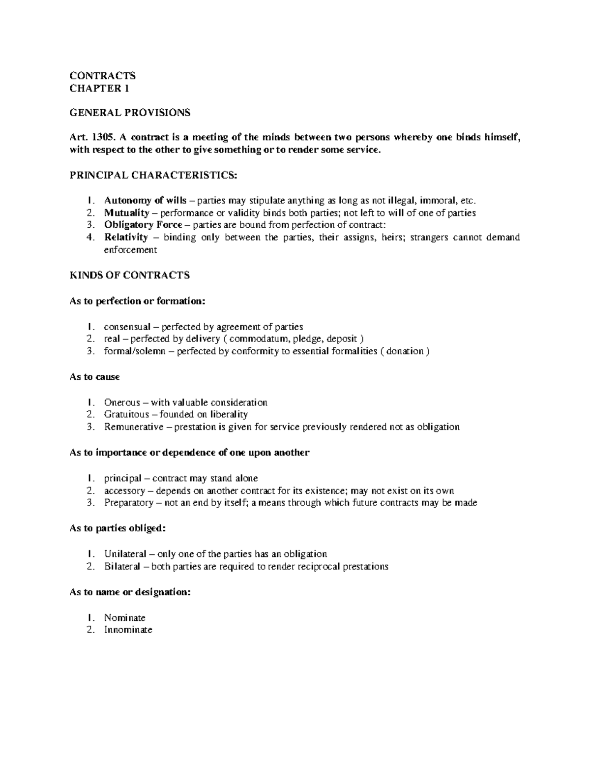 Contracts - notes - CONTRACTS CHAPTER 1 GENERAL PROVISIONS Art. 1305. A ...