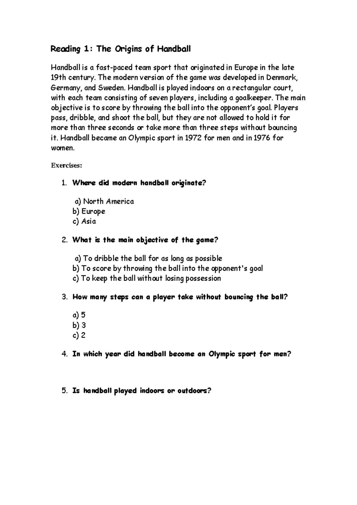 Reading 1 - Reading 1: The Origins of Handball Handball is a fast-paced ...