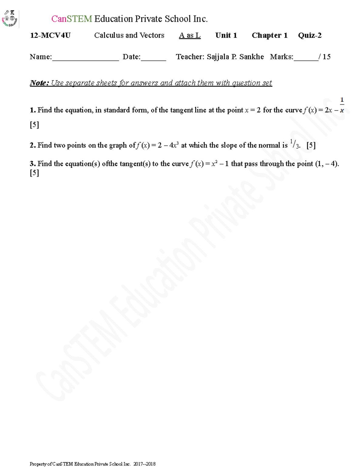 12 Unit 1 Chapter 1 Quiz 2 - CanSTEM Education Private School Inc. 12 ...