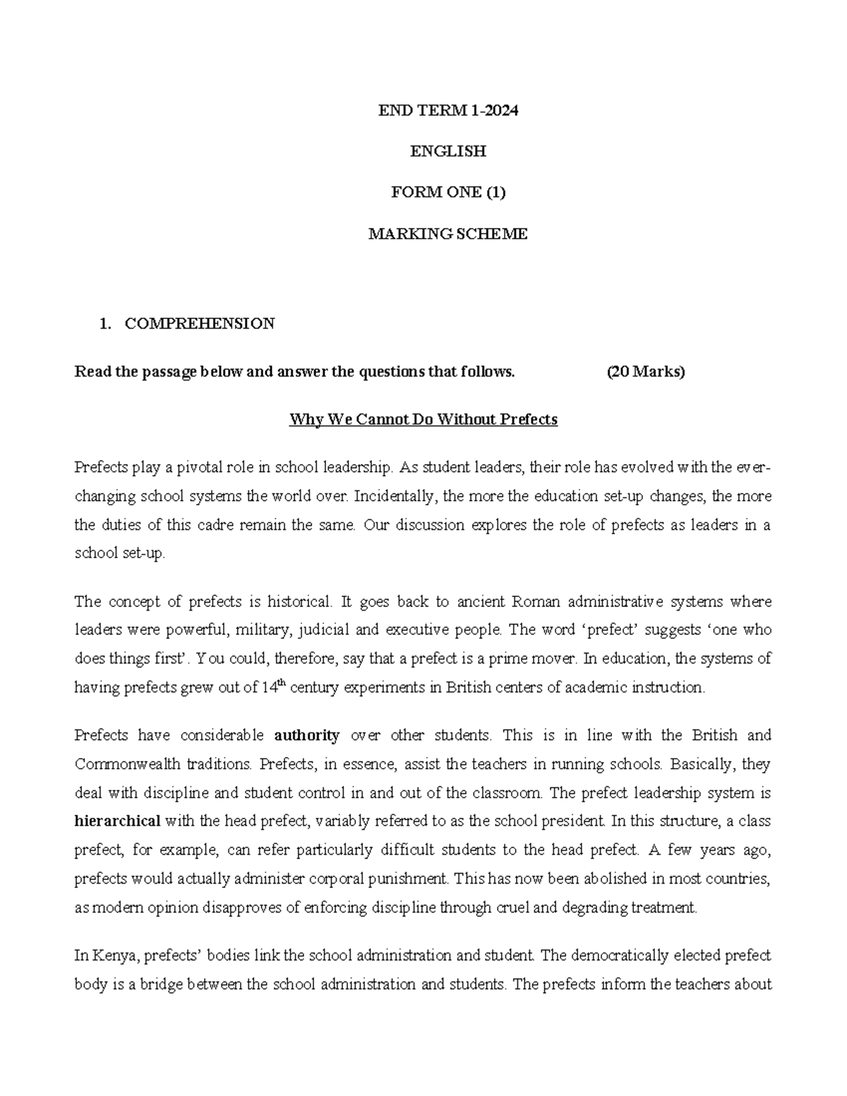 Form 1 English - Marking Scheme - END TERM 1- ENGLISH FORM ONE (1 ...