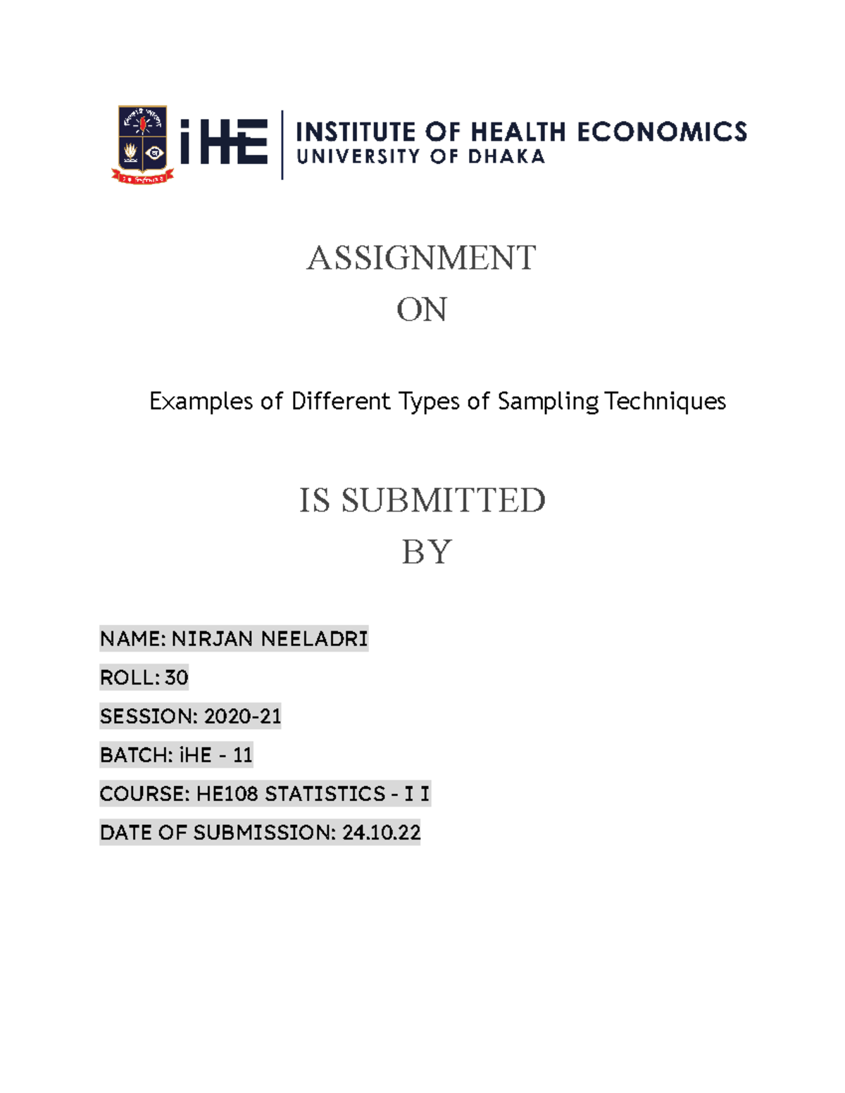 Assignment on Examples of Different types of Sampling Techniques ...