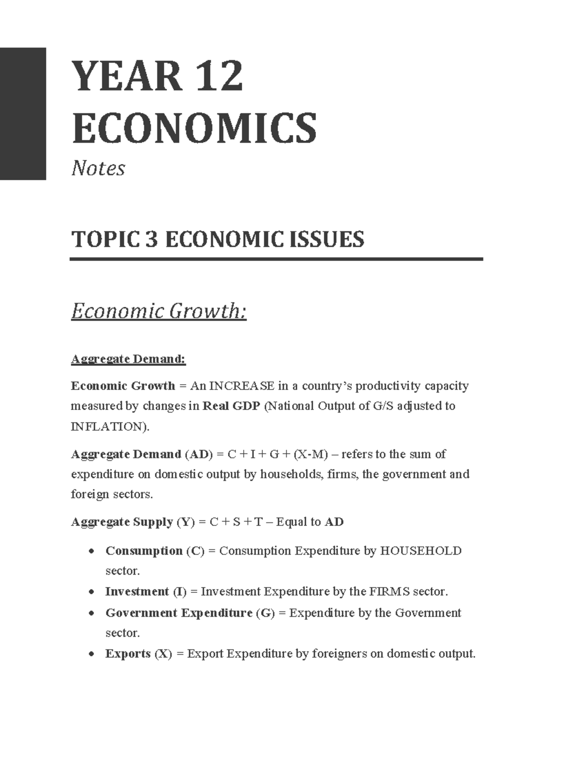 Year 12 Economics Notes - OP YEAR 12 ECONOMICS Notes TOPIC 3 ECONOMIC ...