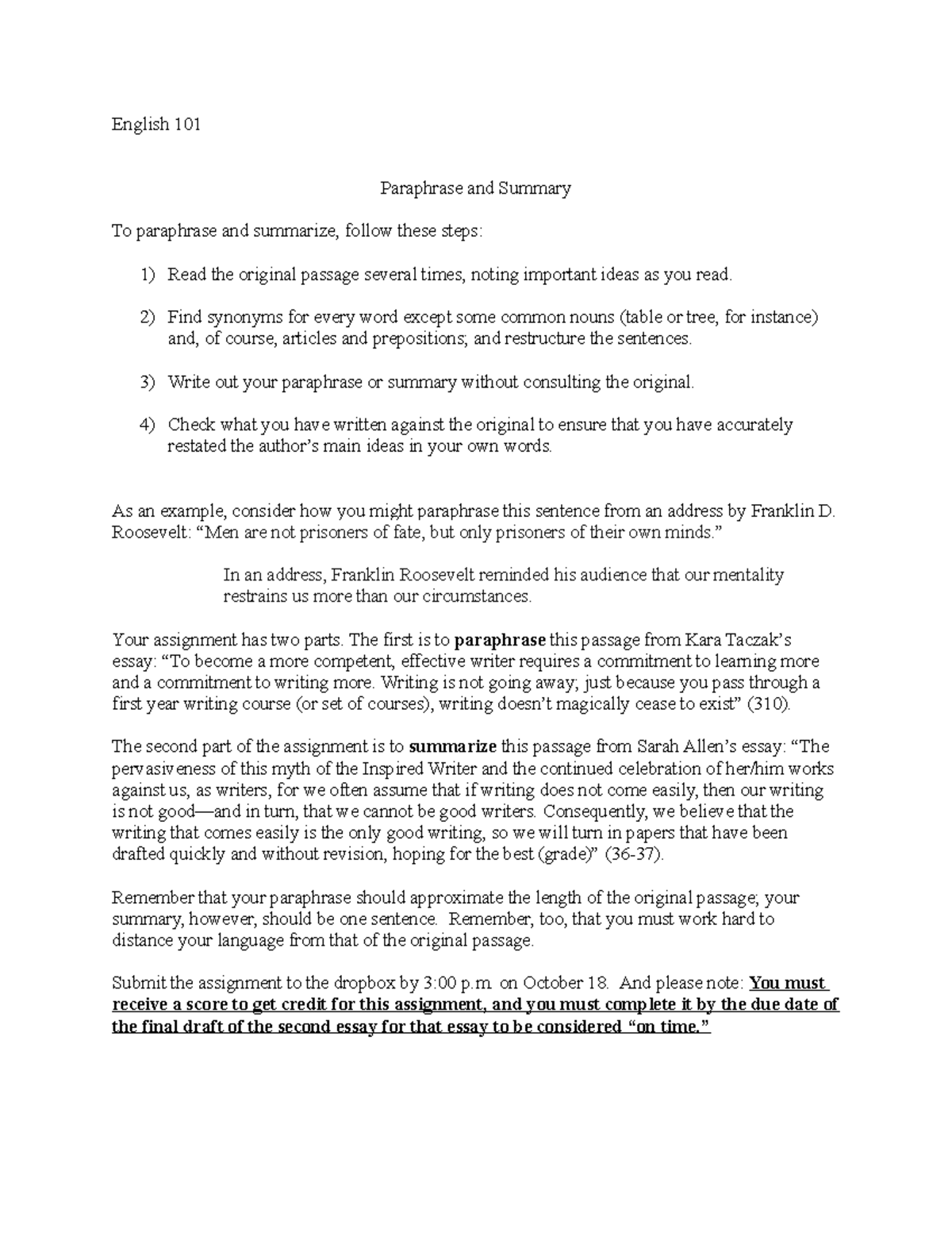 Paraphrase and Summary Assignment - English 101 Paraphrase and Summary ...