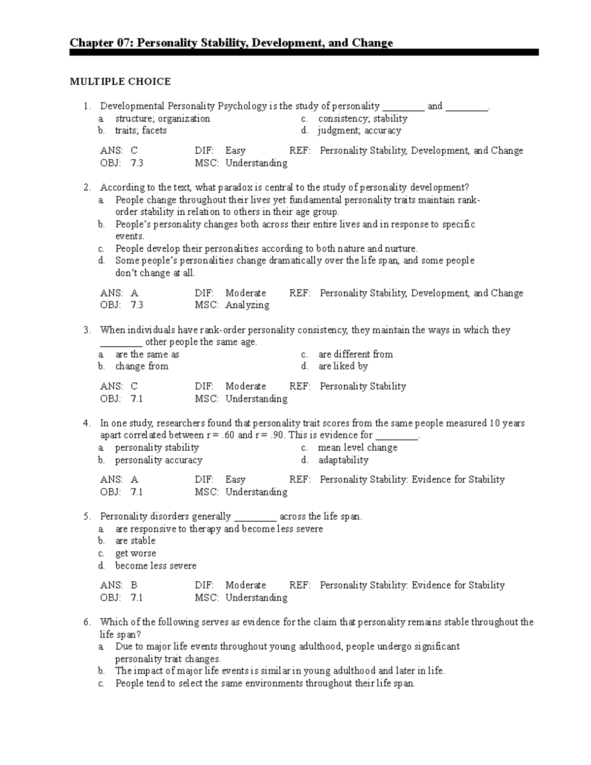 Exam 2016, questions and answers - Chapter 07: Personality Stability ...