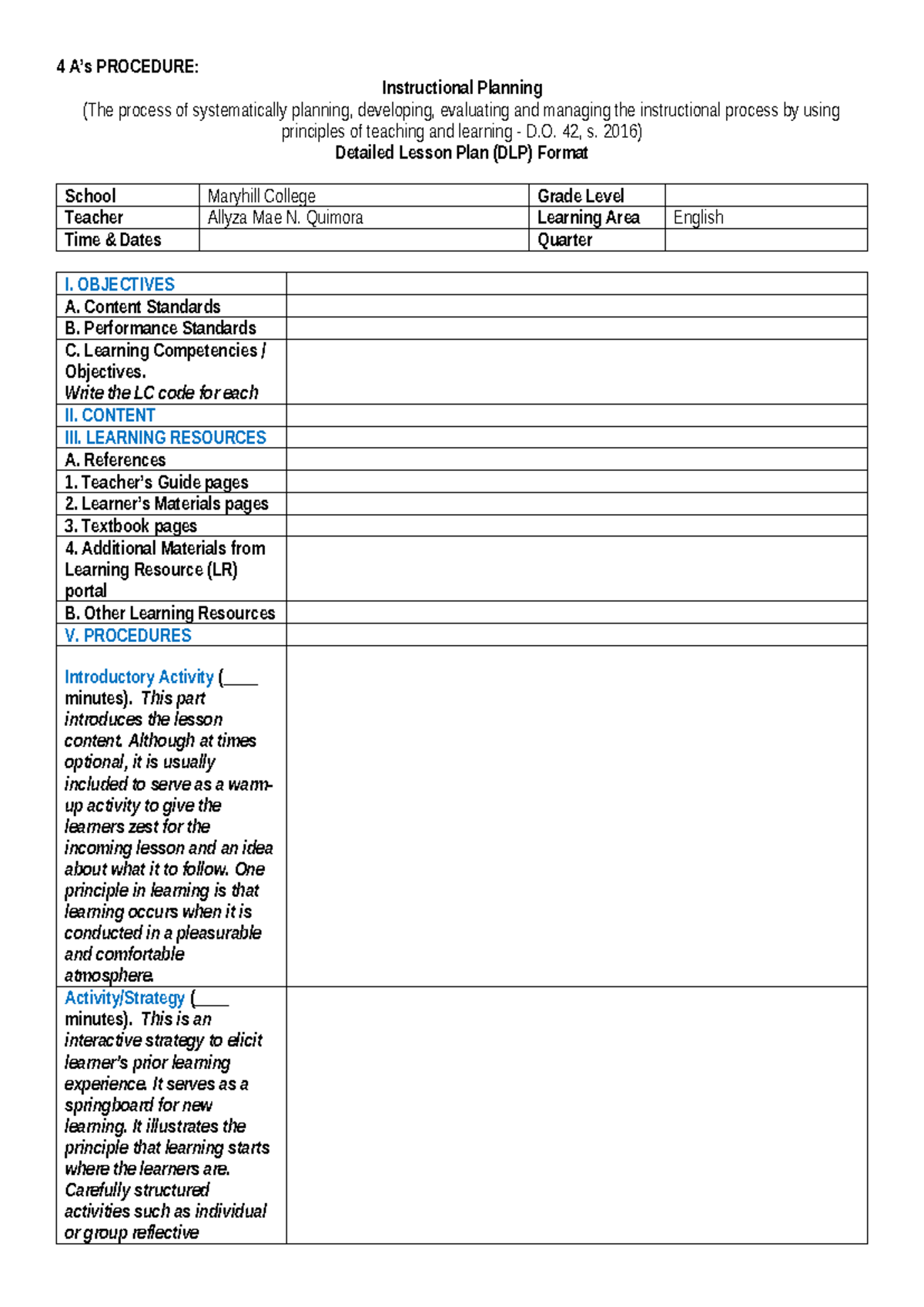 4As-DLP-Format - 4 A’s PROCEDURE: Instructional Planning (The process ...