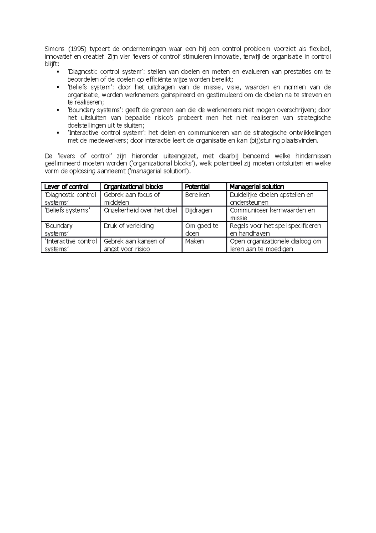 Simons - Samenvatting Levers of Control - Simons (1995) typeert de ...