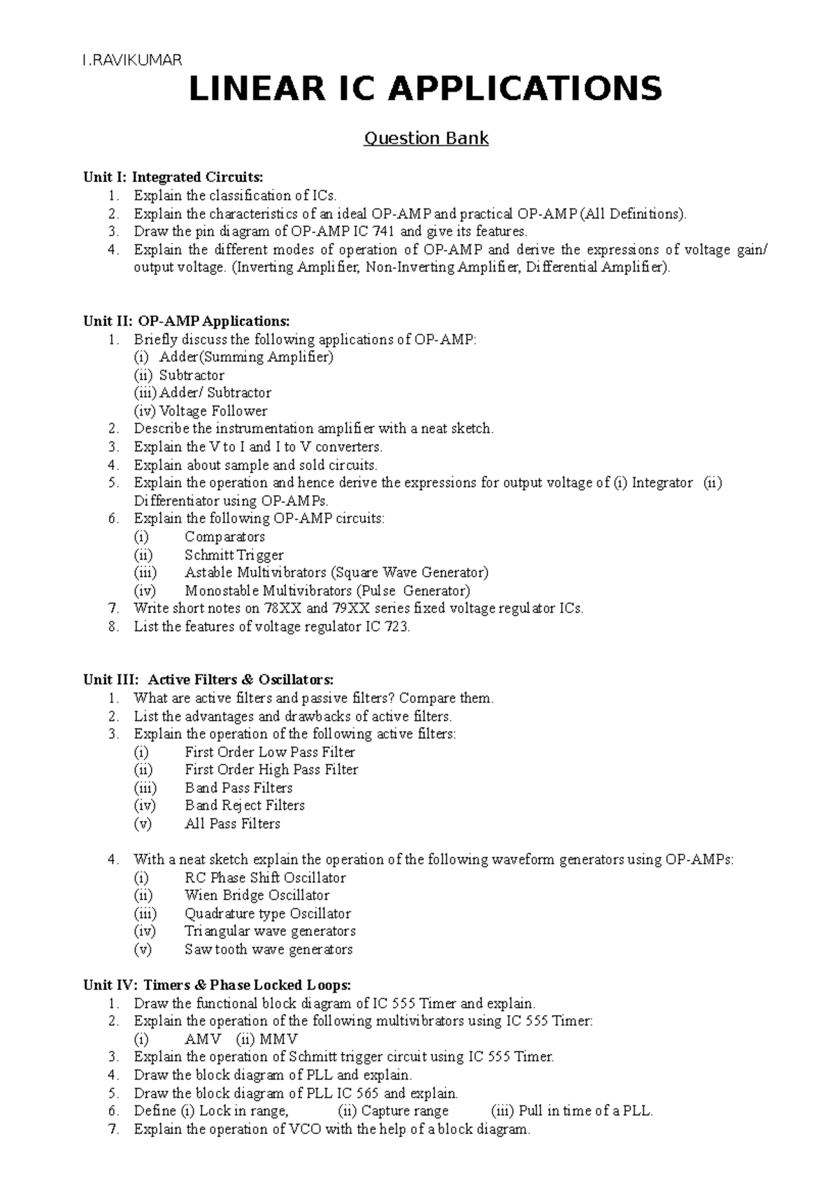 LICA Question Bank - I LINEAR IC APPLICATIONS Question Bank Unit I ...