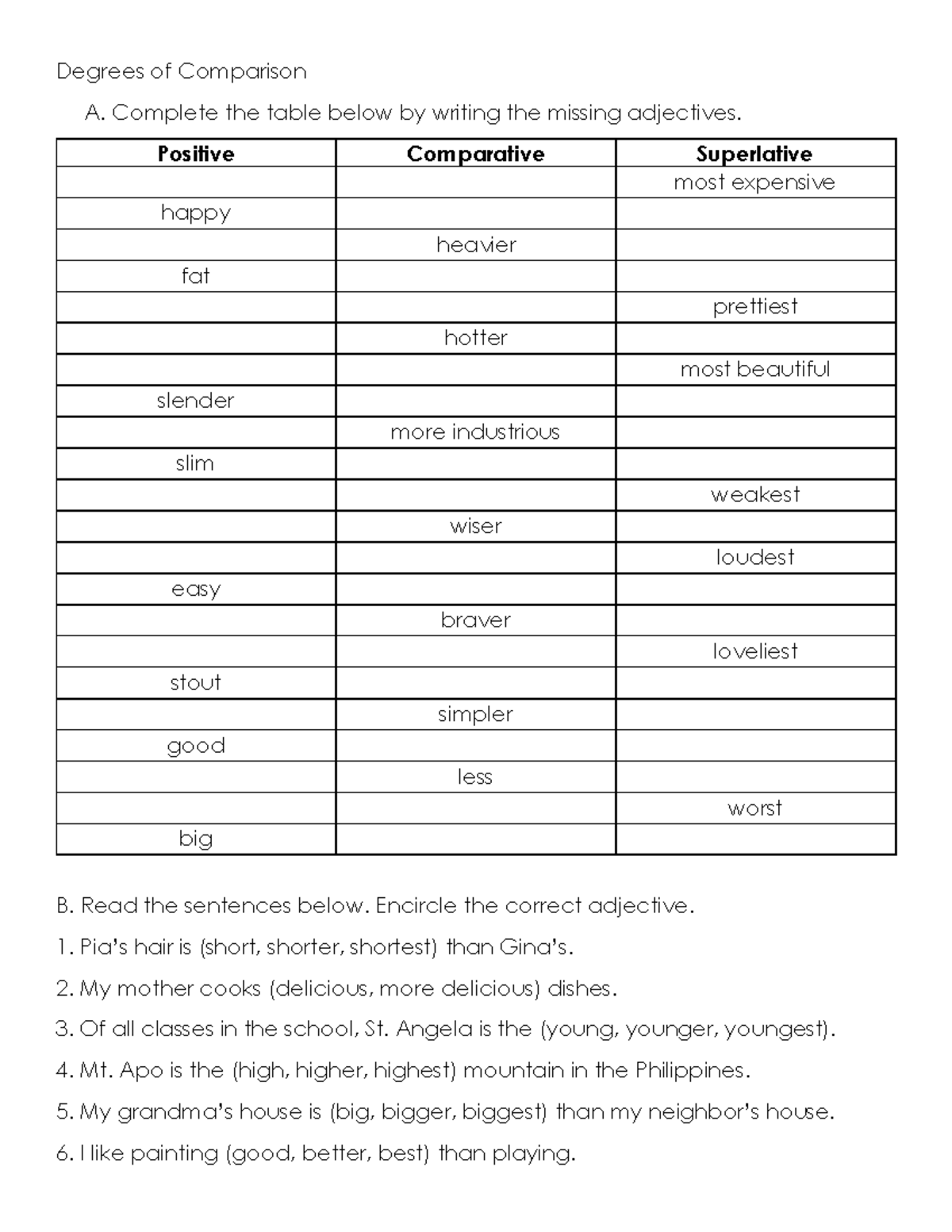 Degrees of Comparison Activity - Degrees of Comparison A. Complete the ...