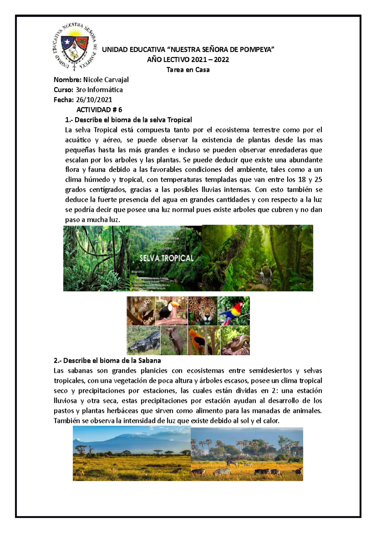 Tarea 6 Biomas Selva Tropical Y Sabana Nicole Carvajal 3INF - UNIDAD ...