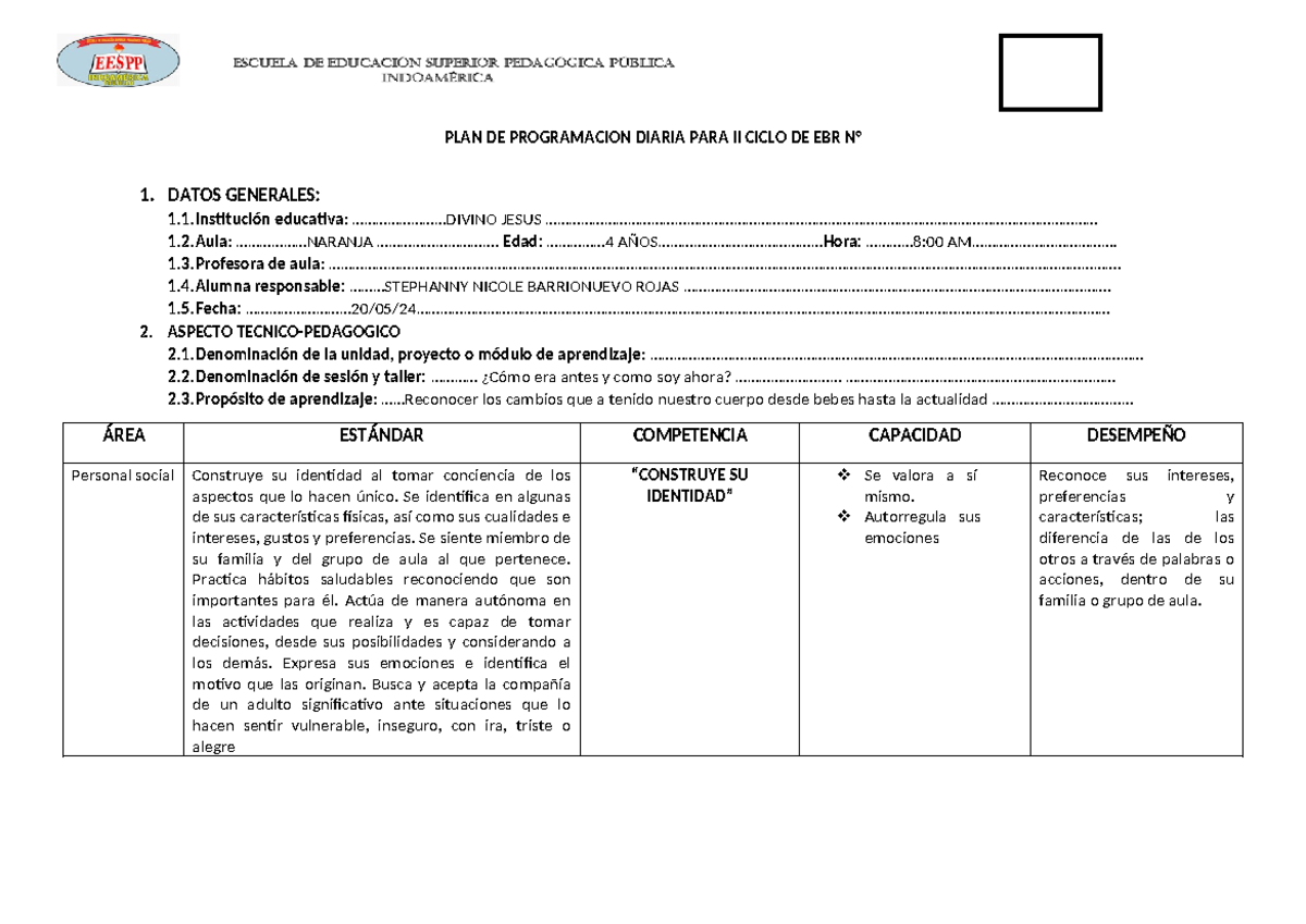 Sesion - PLAN DE PROGRAMACION DIARIA PARA II CICLO DE EBR N° 1. DATOS ...