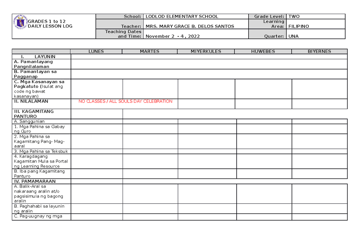 DLL Template - dll - GRADES 1 to 12 DAILY LESSON LOG School: LODLOD ...