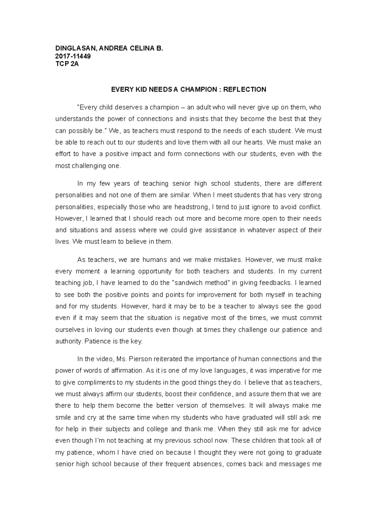 2. Reflection on Every KID Needs A Champion - DINGLASAN, ANDREA CELINA ...