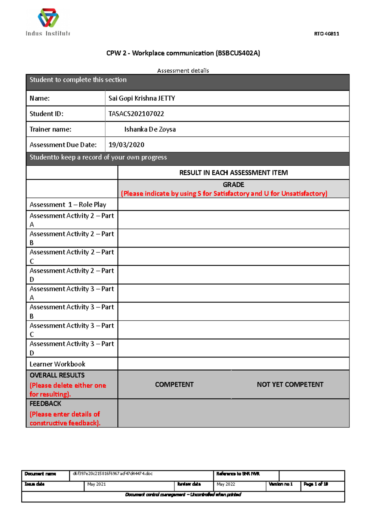 Competency Based Assesment - RTO 40811 CPW 2 - Workplace communication ...
