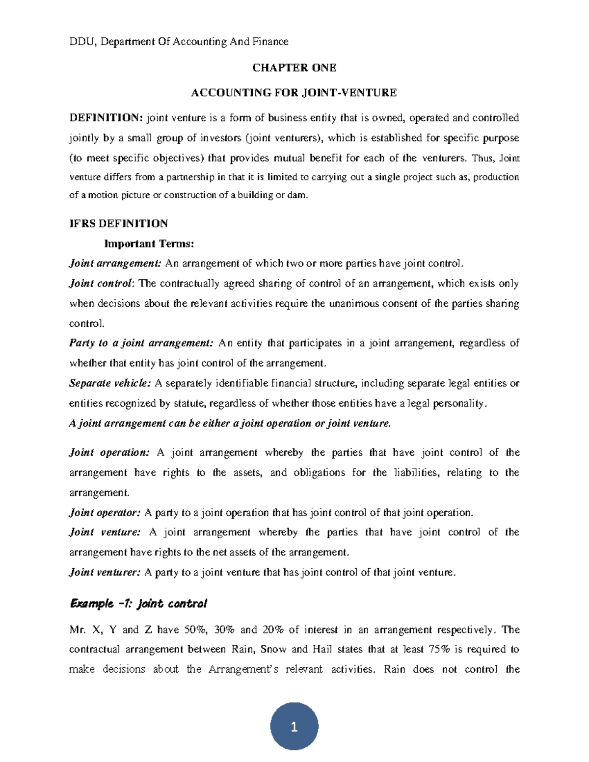 ADFA ch-1 - Lecture notes ed - CHAPTER ONE ACCOUNTING FOR JOINT-VENTURE ...