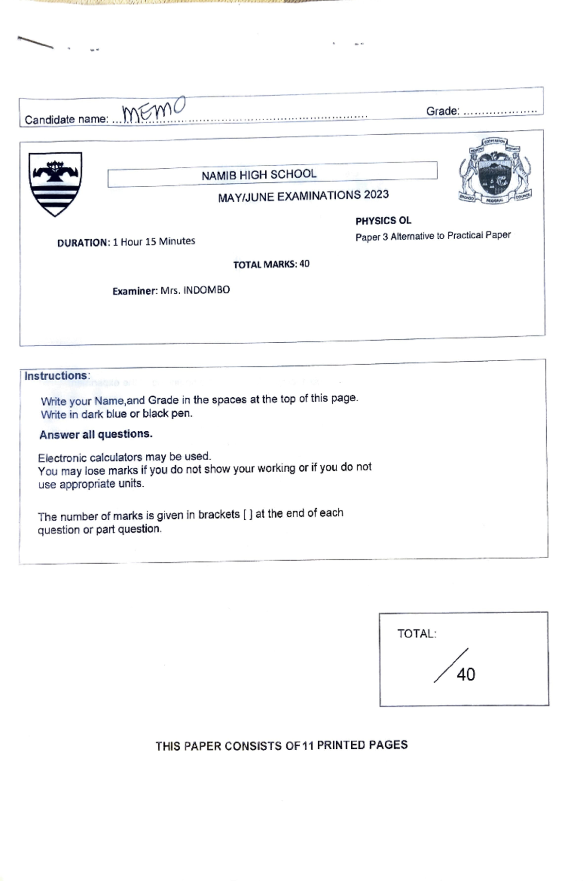 Physics P3 papers - [ candidate name: ...("~·q