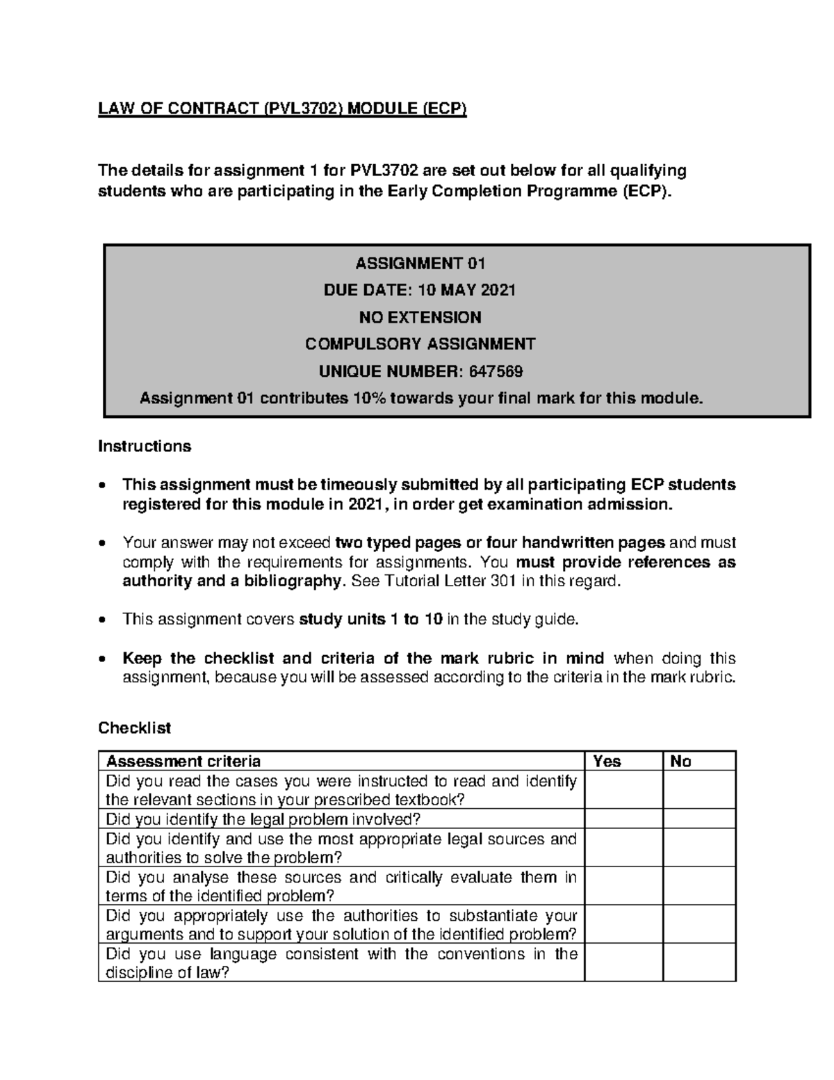 2021 LAW OF Contract PVL3702 Assignment 1 ECP - LAW OF CONTRACT ...