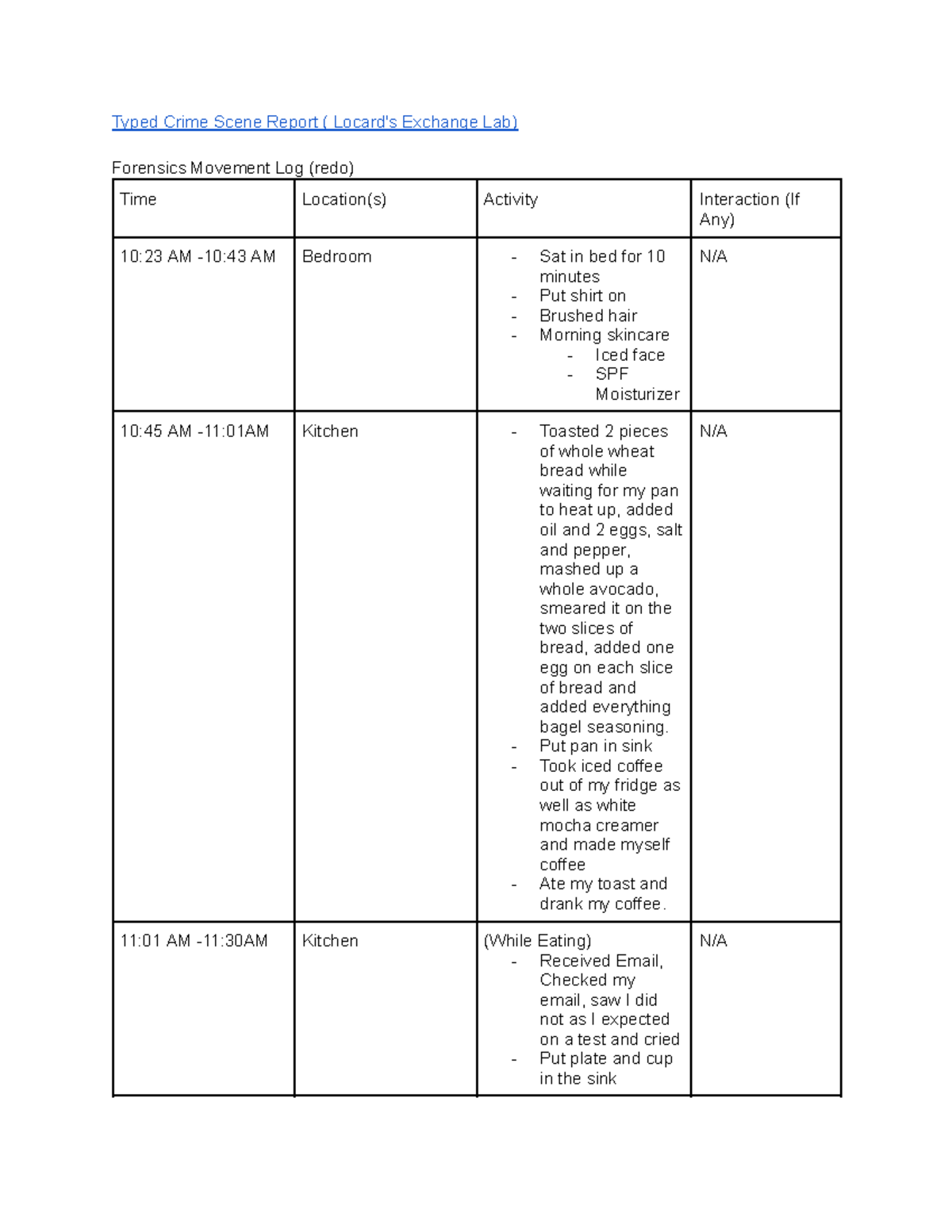 Forensics Movement Log (Redo) - Typed Crime Scene Report ( Locard's ...