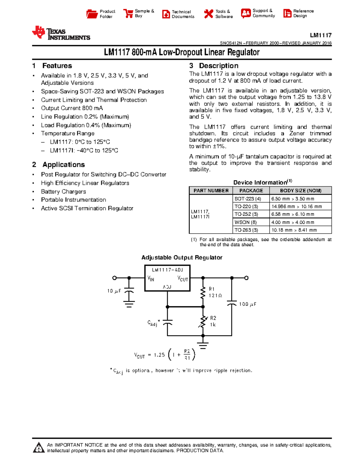 Lm1117 datasheet - Helps with understanding - Product Folder Sample & Buy Technical Documents ...