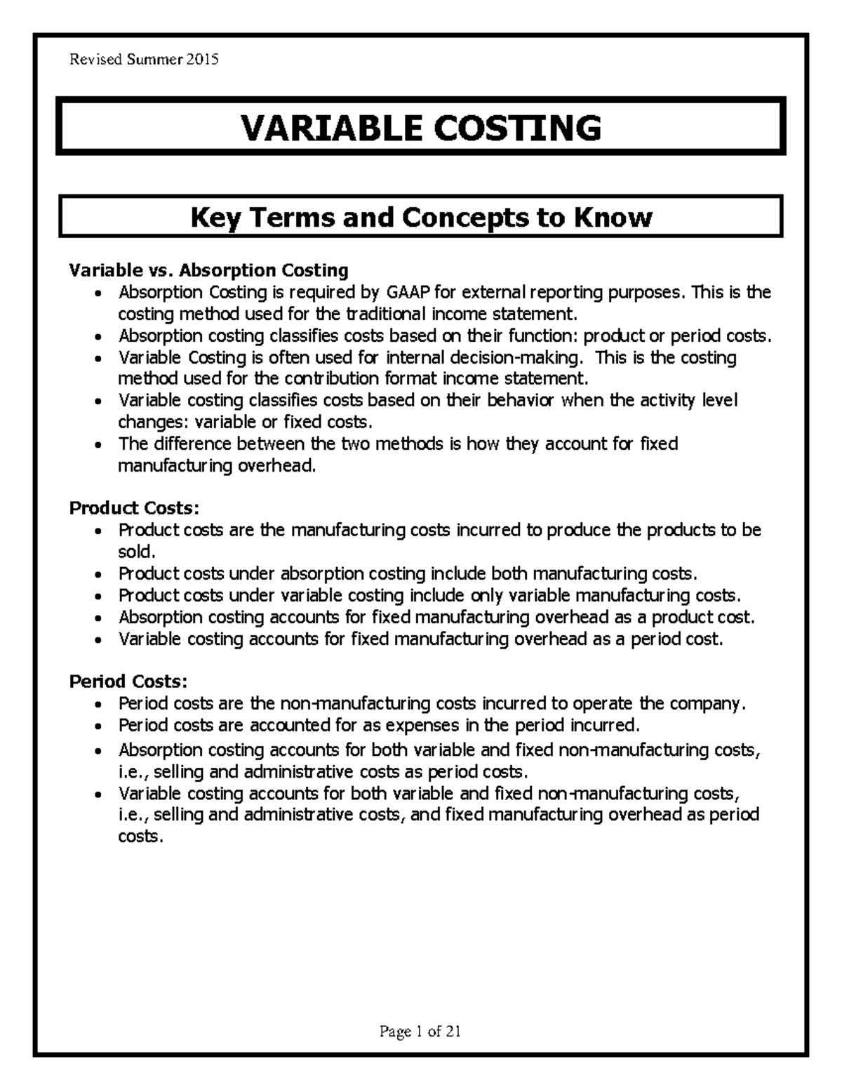 Management Advisory - VARIABLE COSTING Key Terms and Concepts to Know Variable vs. Absorption ...
