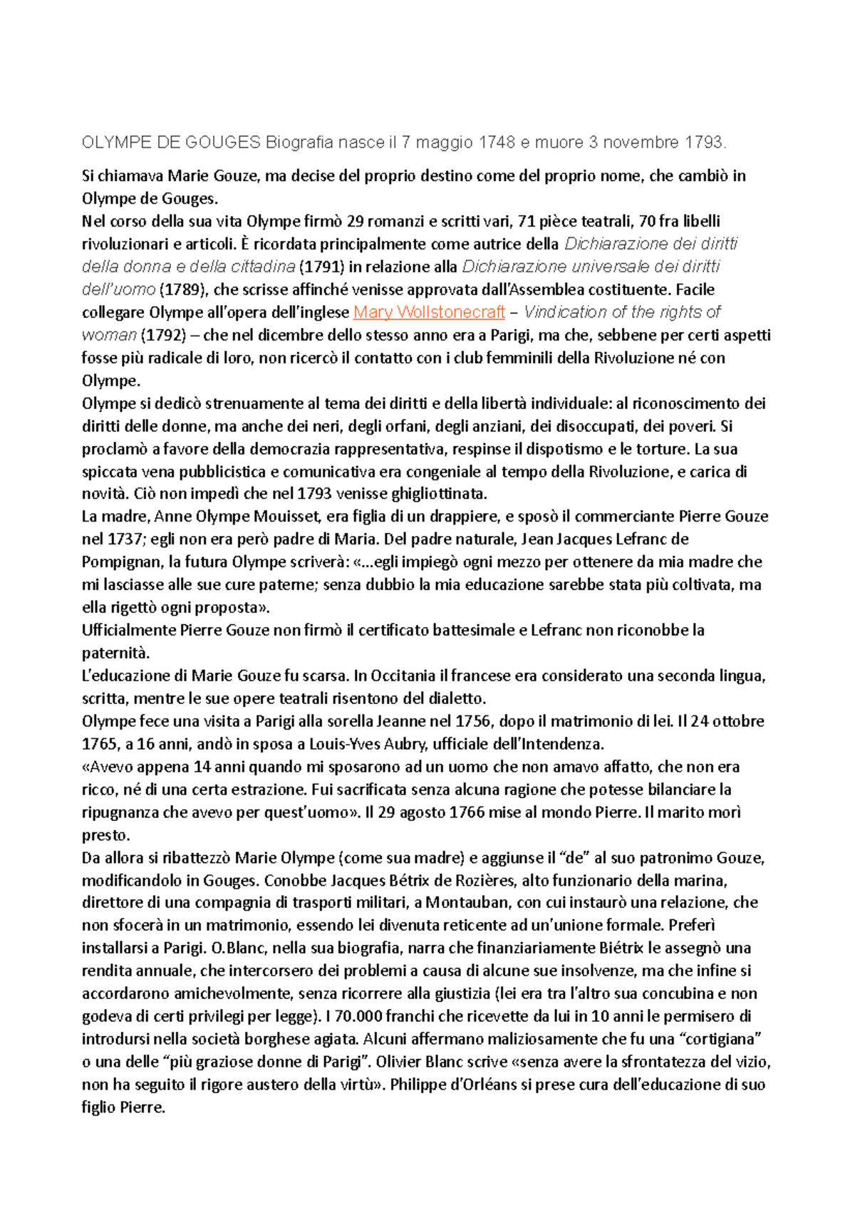 Teoria E Pratica DEI Diritti Umani - OLYMPE DE GOUGES Biografia nasce ...