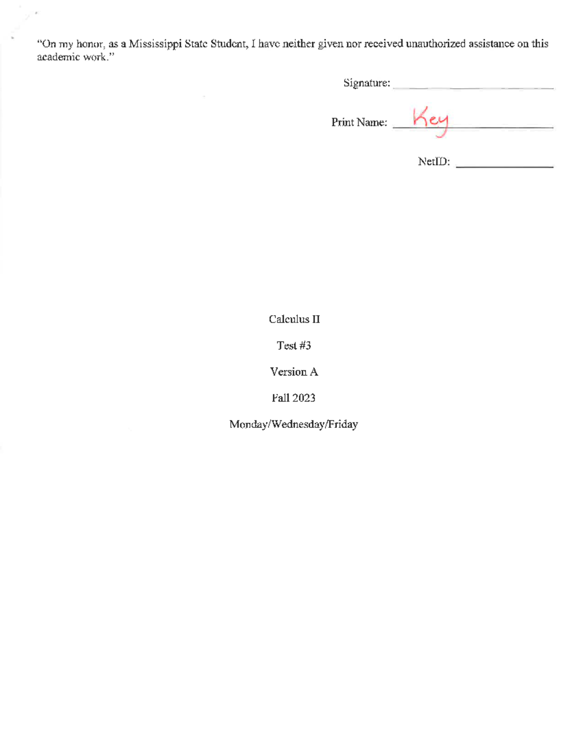 Test 3 Version A KEY - calc 2 test 3 - my honor, as a Mississippi State ...