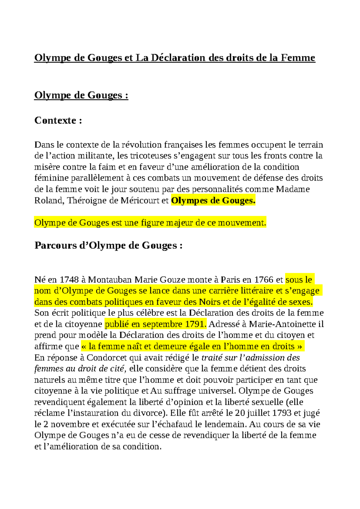 Fiche de révision Olympe de Gouges et Déclaration des droits de la femme et de la citoyenne ...