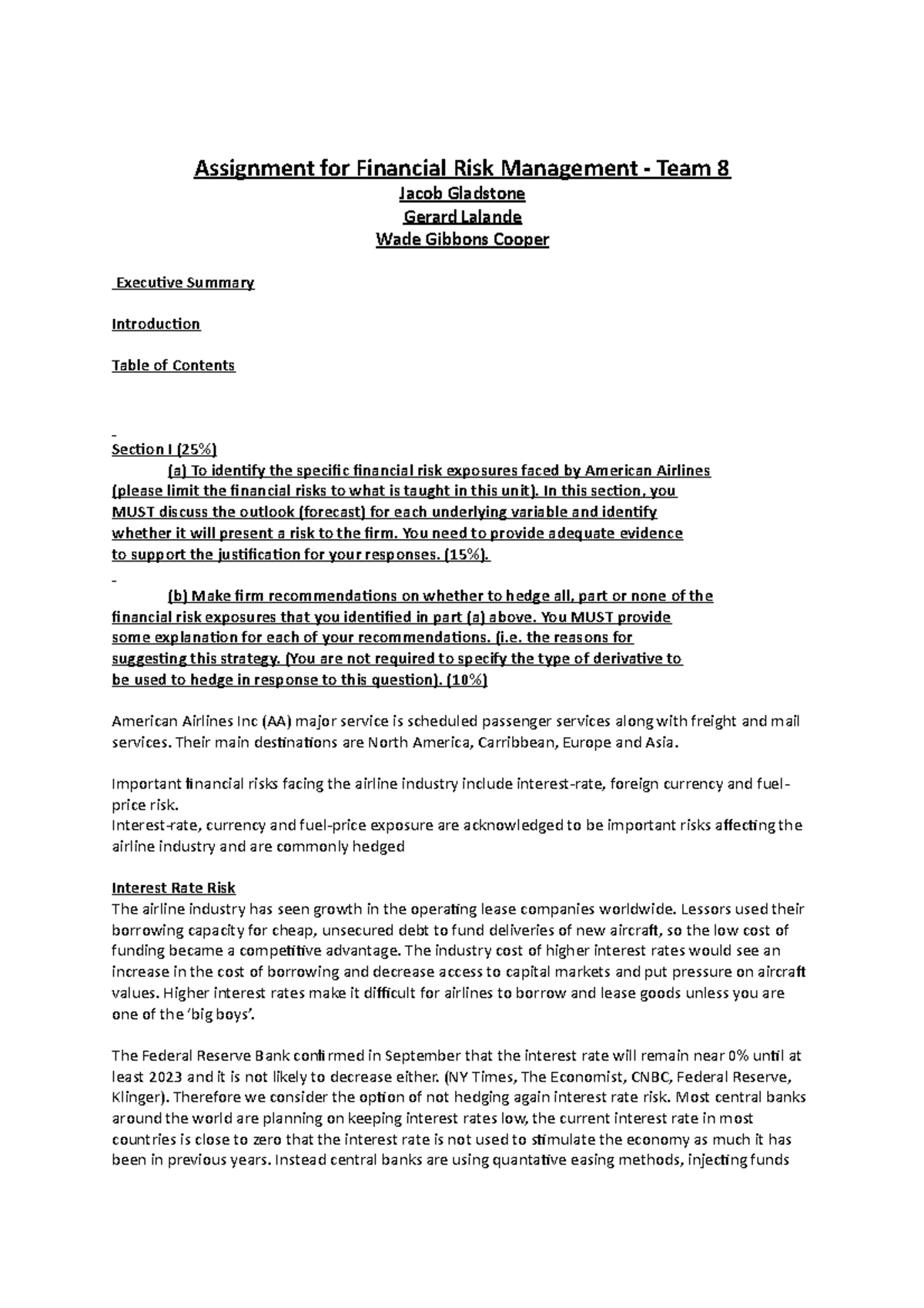 Financial Risk Management Draft - Assignment for Financial Risk ...