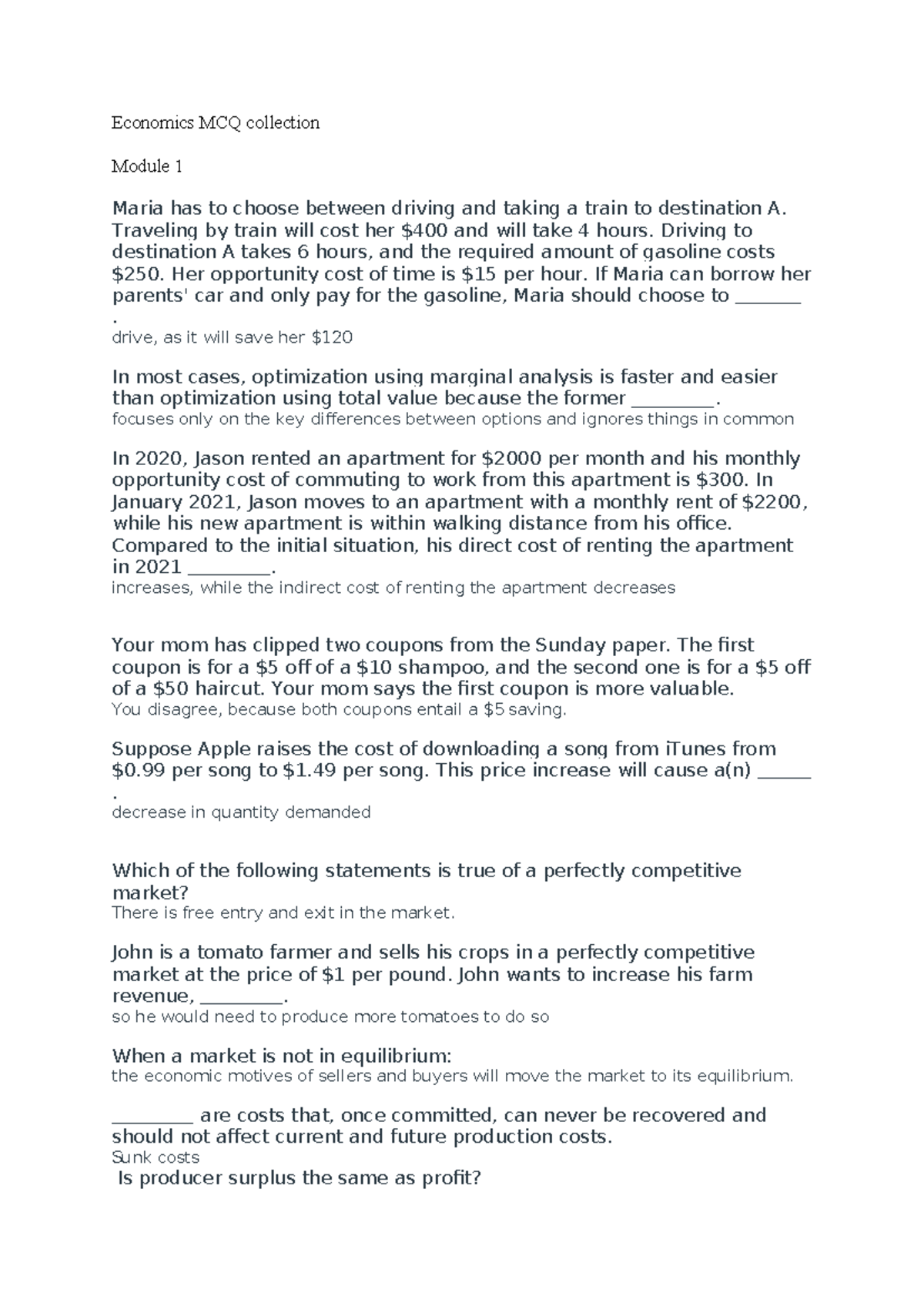 Economics MCQ collection - Economics MCQ collection Module 1 Maria has ...