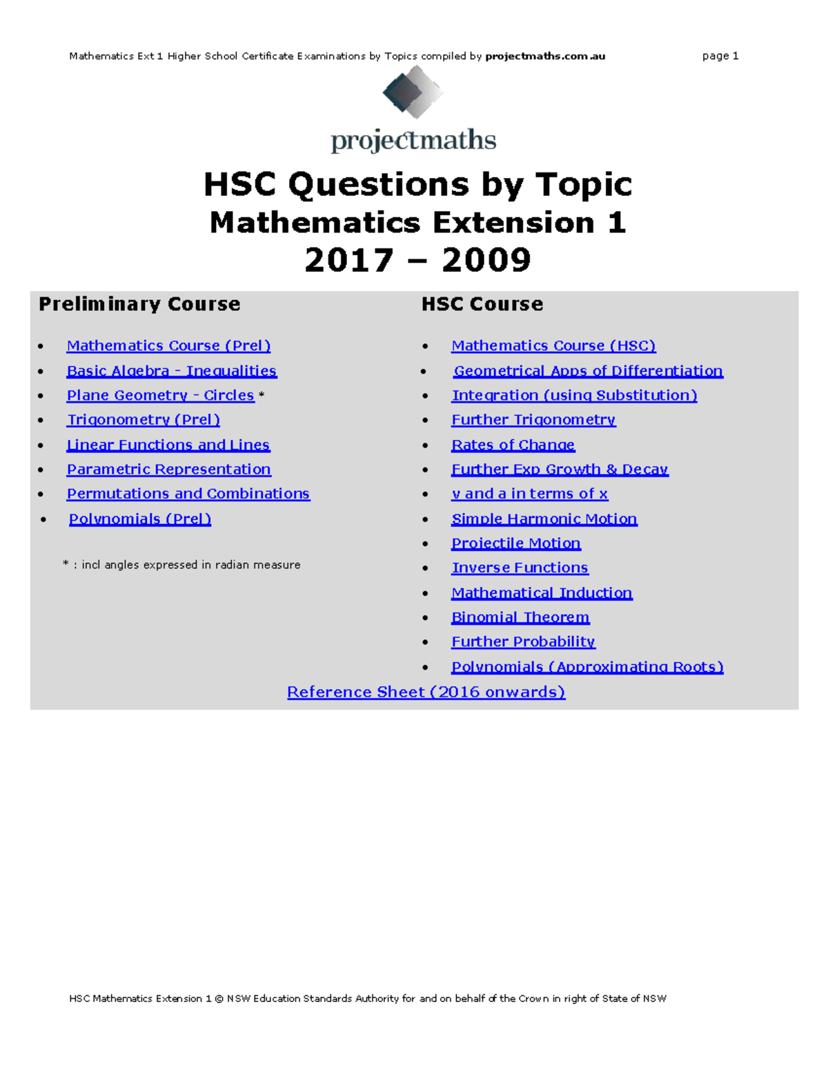 2017 - 2009 Maths Ext 1 HSC - HSC Questions by Topic Mathematics ...