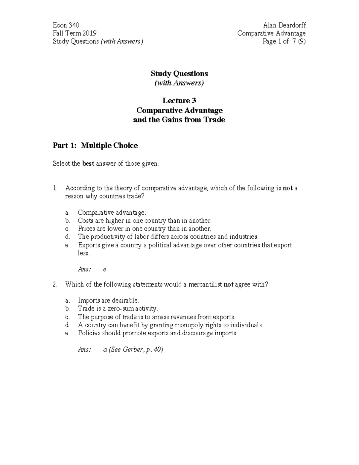 Comparative Advantage and Gain from Trade - Fall Term 2019 Comparative ...