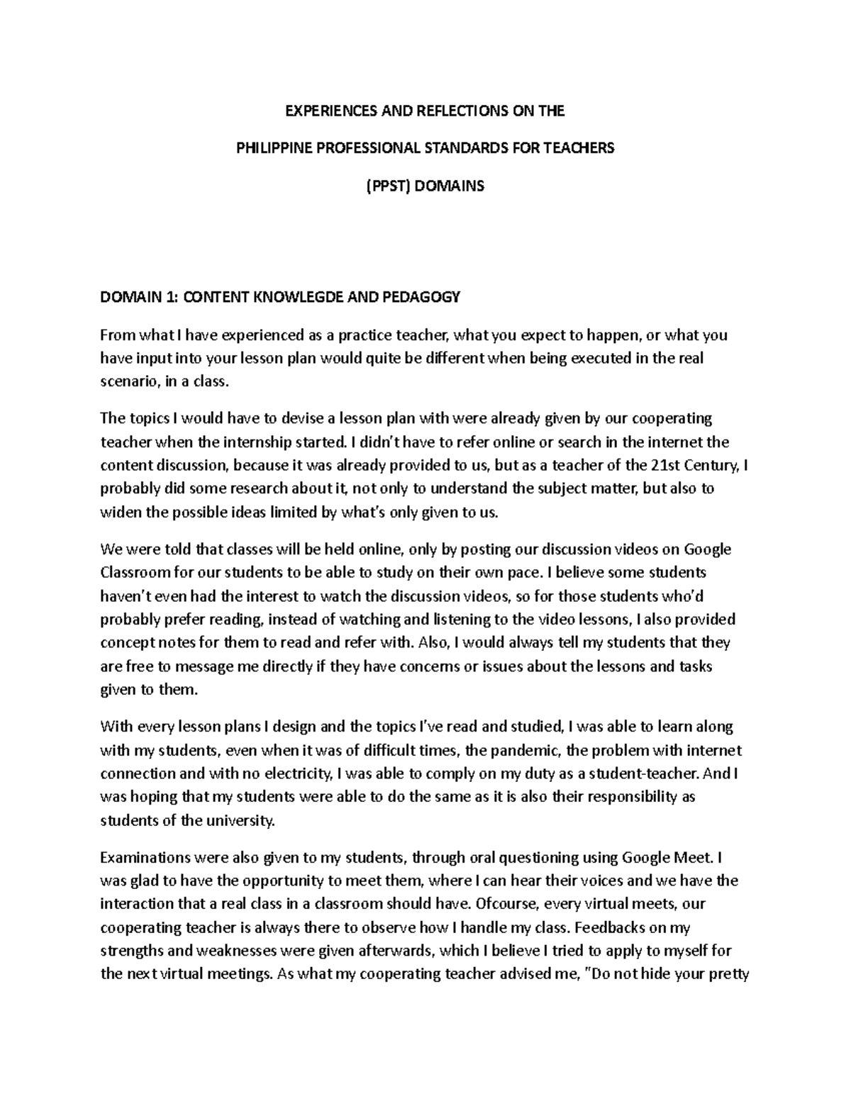 PPST- Domains - EXPERIENCES AND REFLECTIONS ON THE PHILIPPINE ...