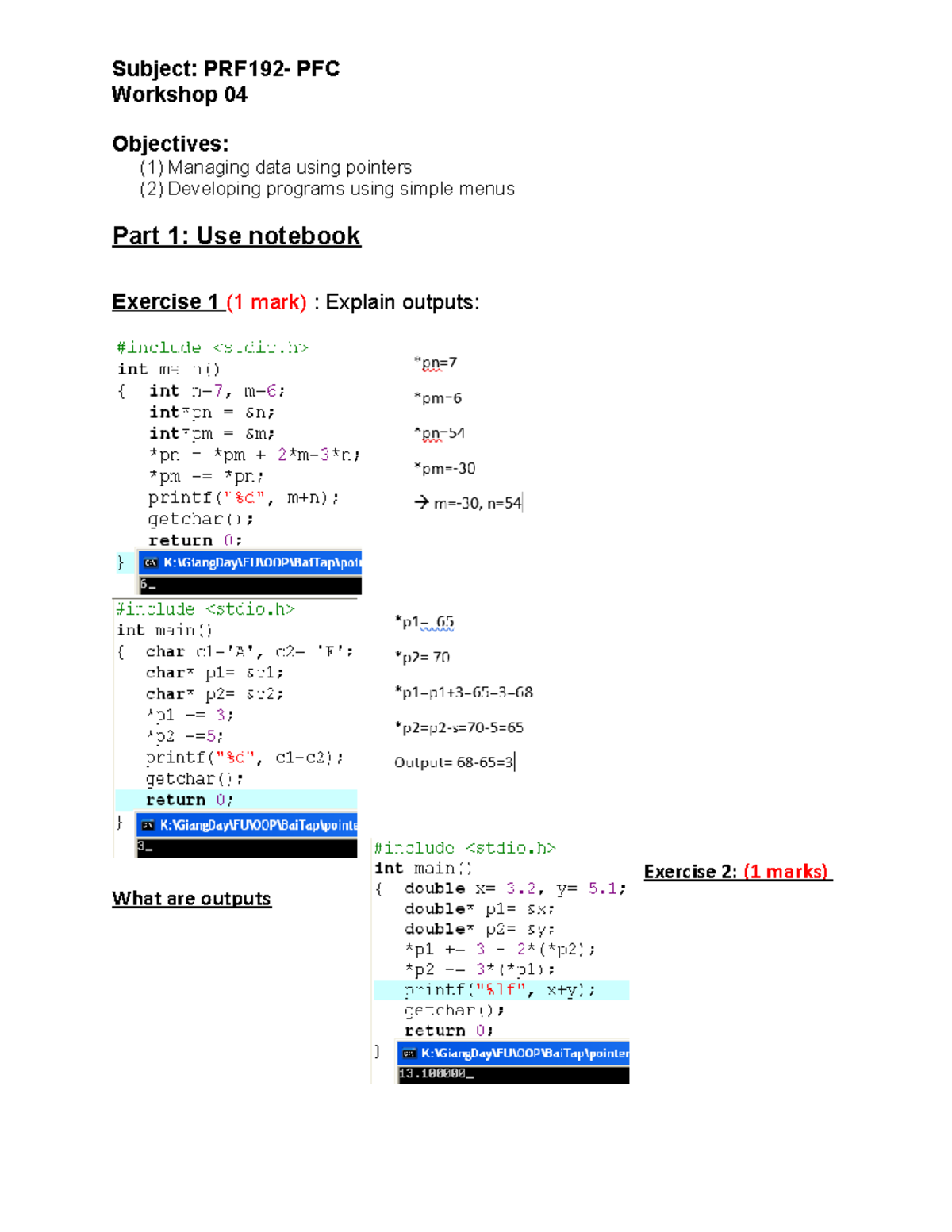PFC-Workshop 04-2015 - thông tin bổ ích - Subject: PRF192- PFC Workshop 04 Objectives: (1 ...