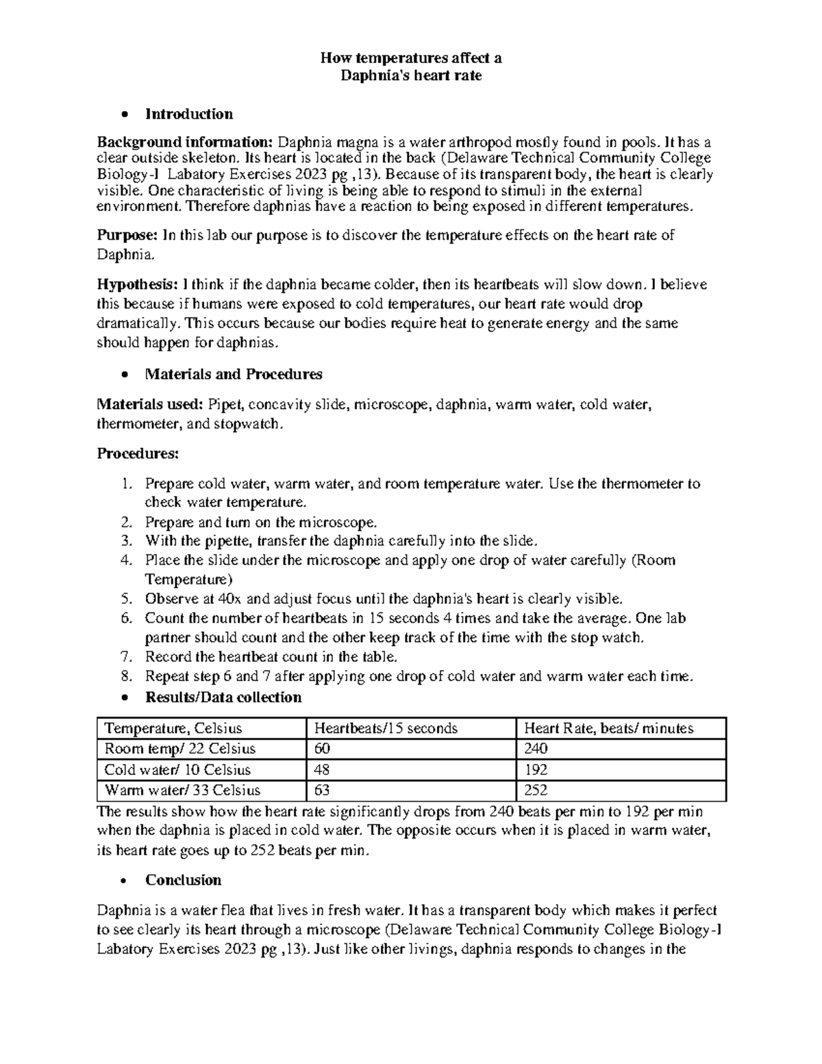 Lab report 1 - How temperatures affect a Daphnia's heart rate ...