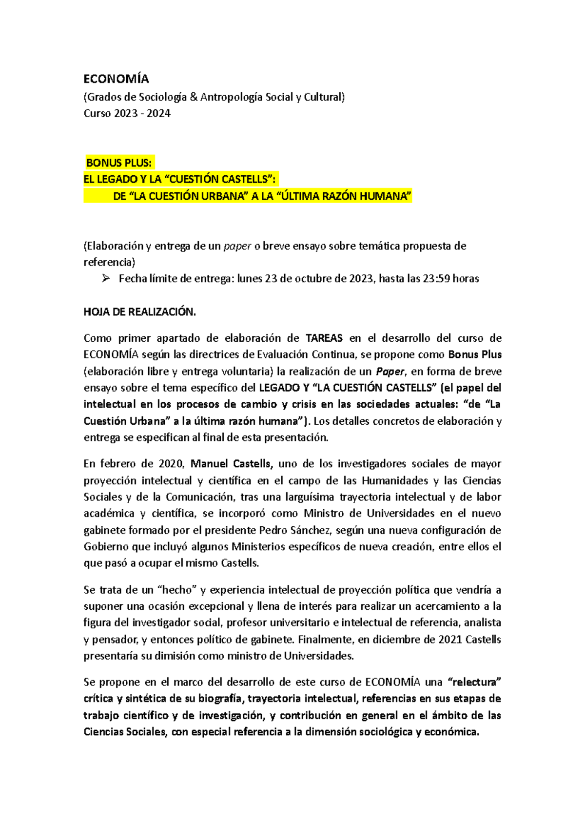 Bonus PLUS Economía EL Legado Y LA Cuestión Castells Ecosa septiemre ...