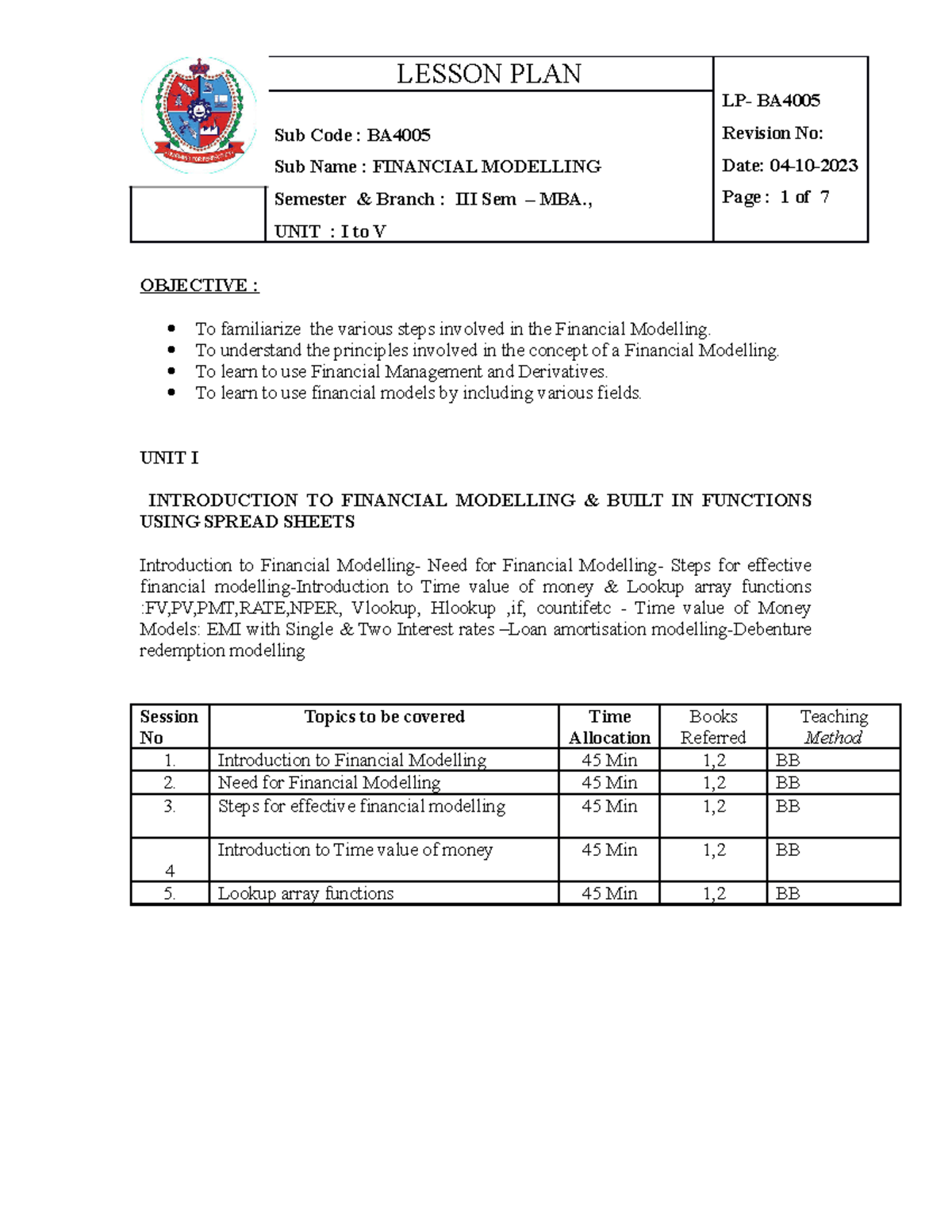 Financial modelling - LESSON PLAN LP- BA Revision No: Date: 04-10- Page ...