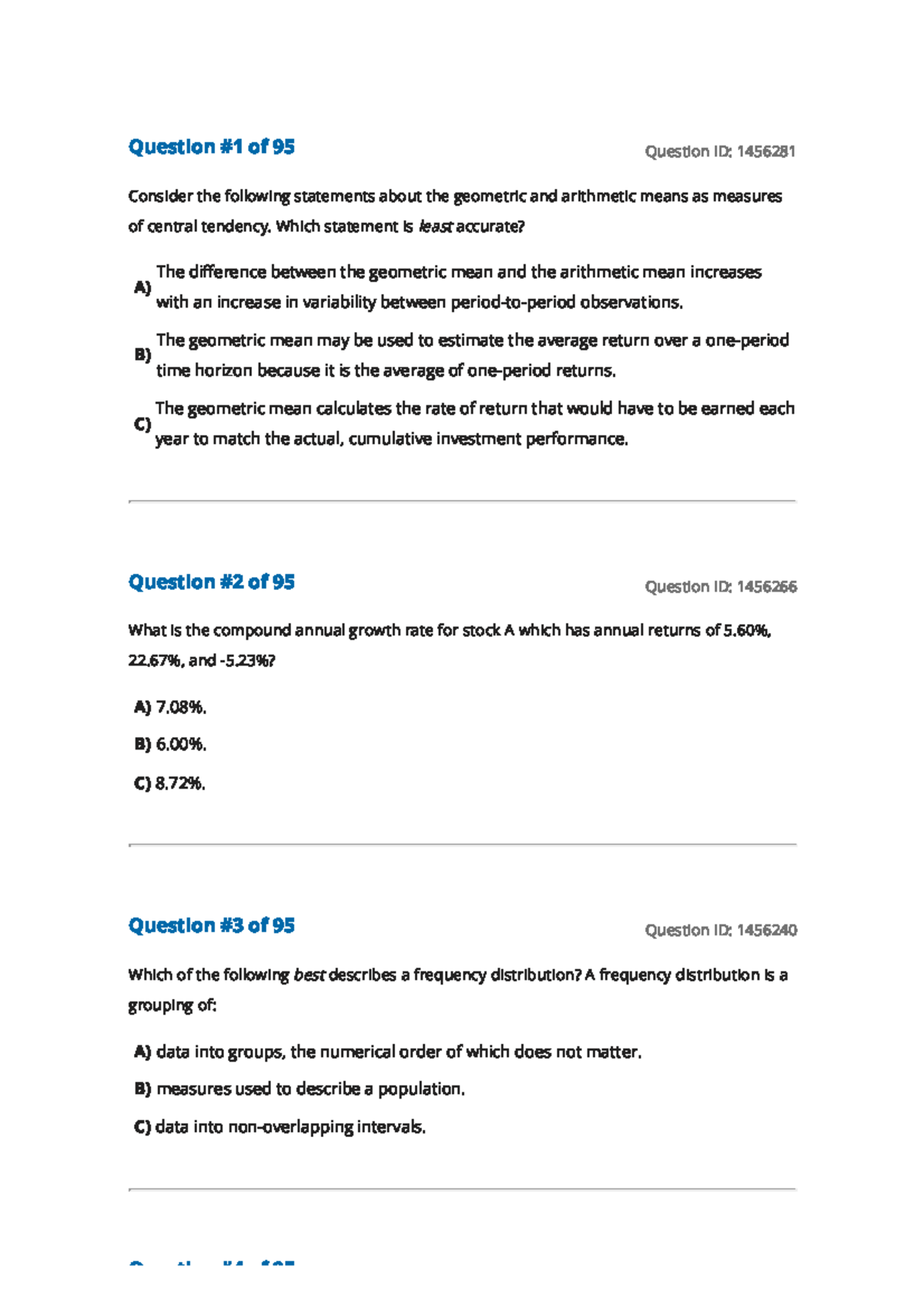 Reading 2 Organizing, Visualizing, and Describing Data - Question #1 of 95 Question ID: 1456281 ...