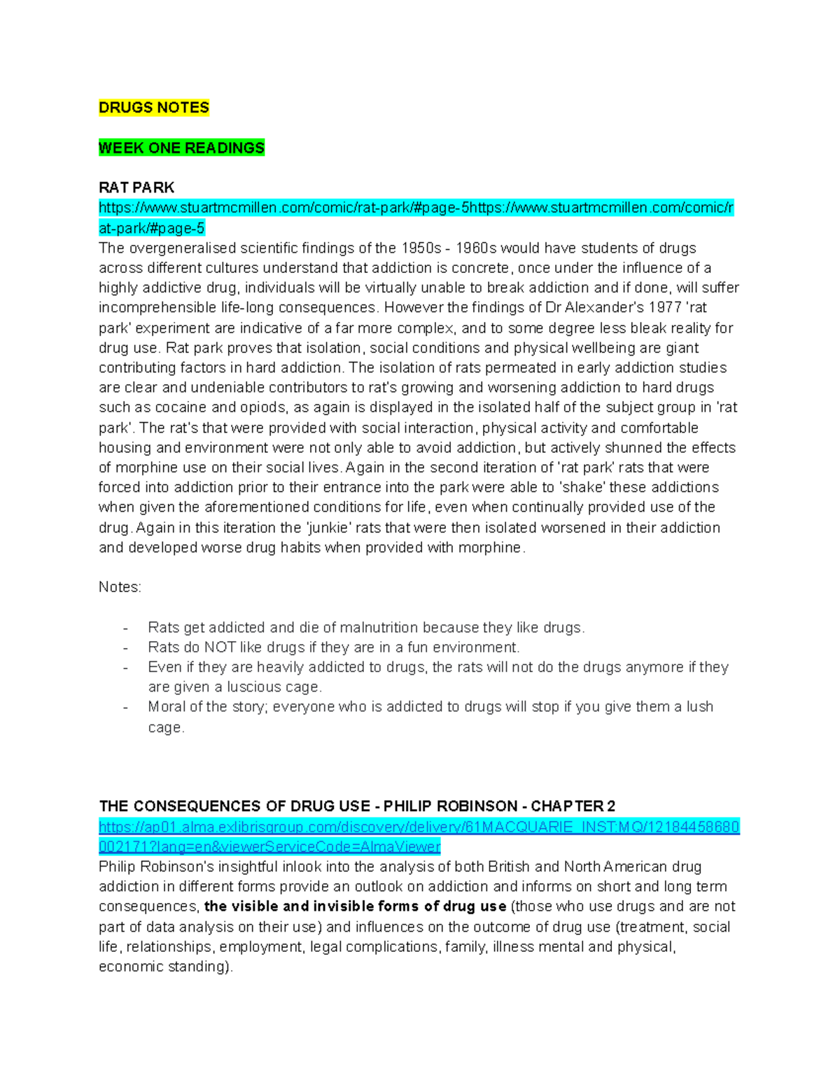 Drugs Notes - DRUGS NOTES WEEK ONE READINGS RAT PARK - Studocu