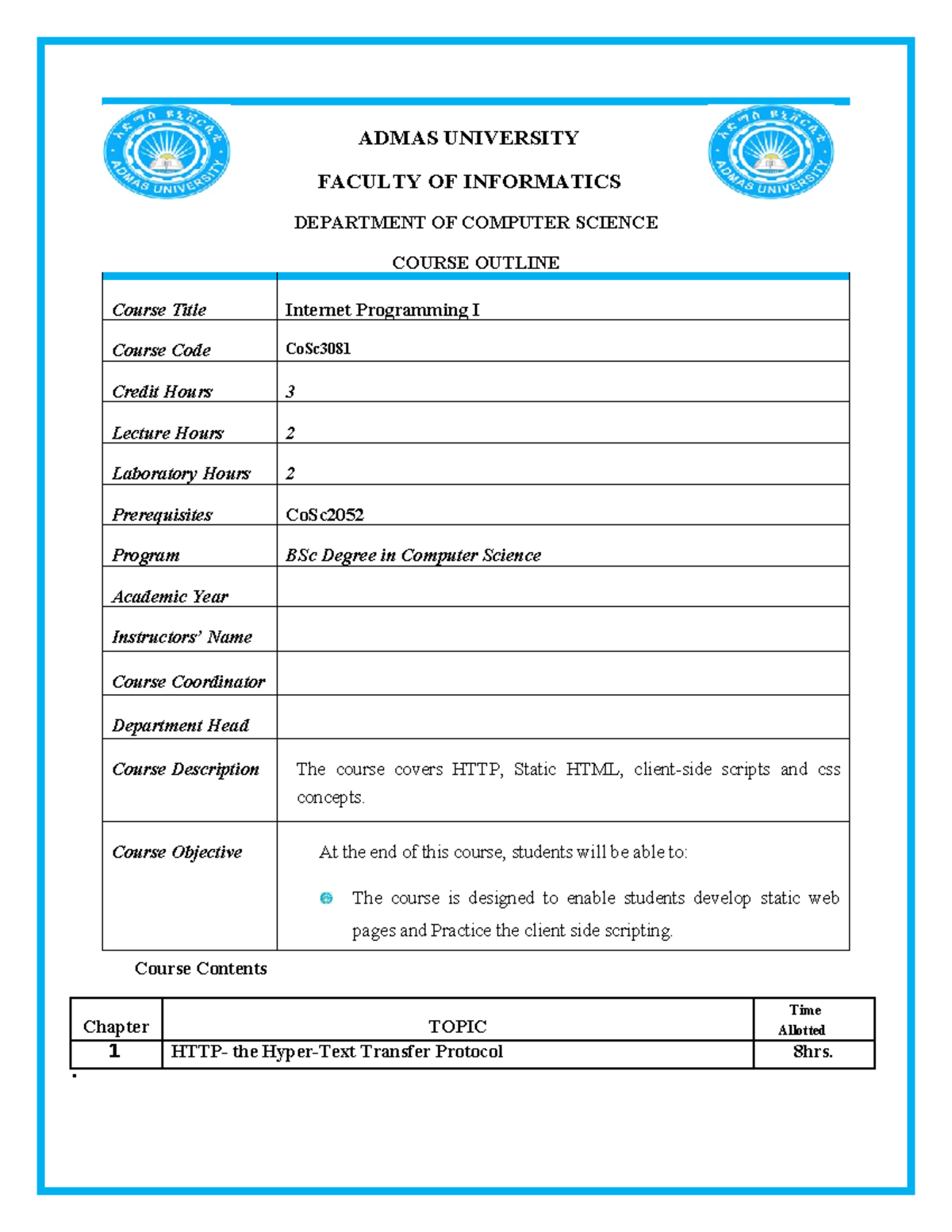 Internet Programming I - ADMAS UNIVERSITY FACULTY OF INFORMATICS DEPARTMENT OF COMPUTER SCIENCE ...