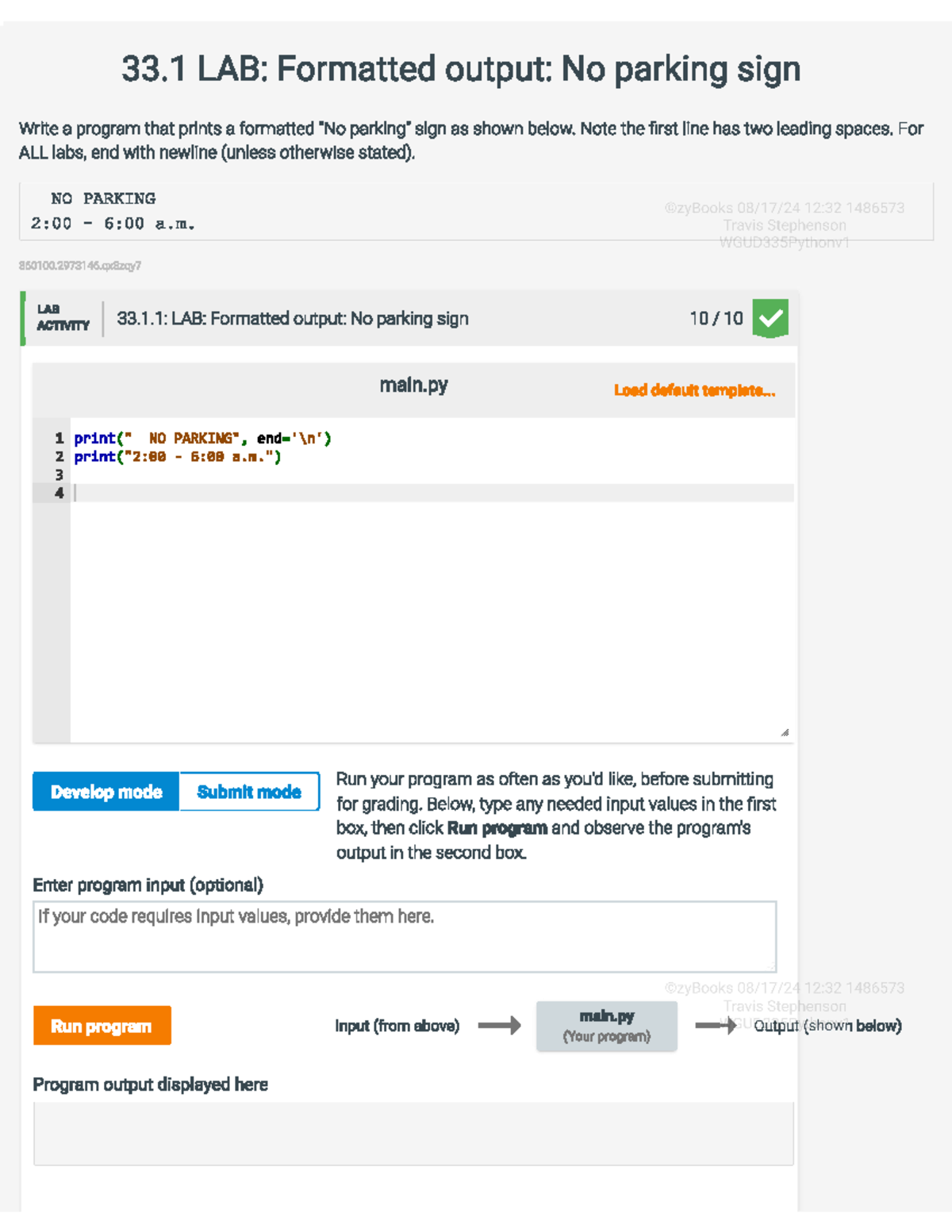 Practice test 1 - 33 LAB: Formatted output: No parking sign Write a ...
