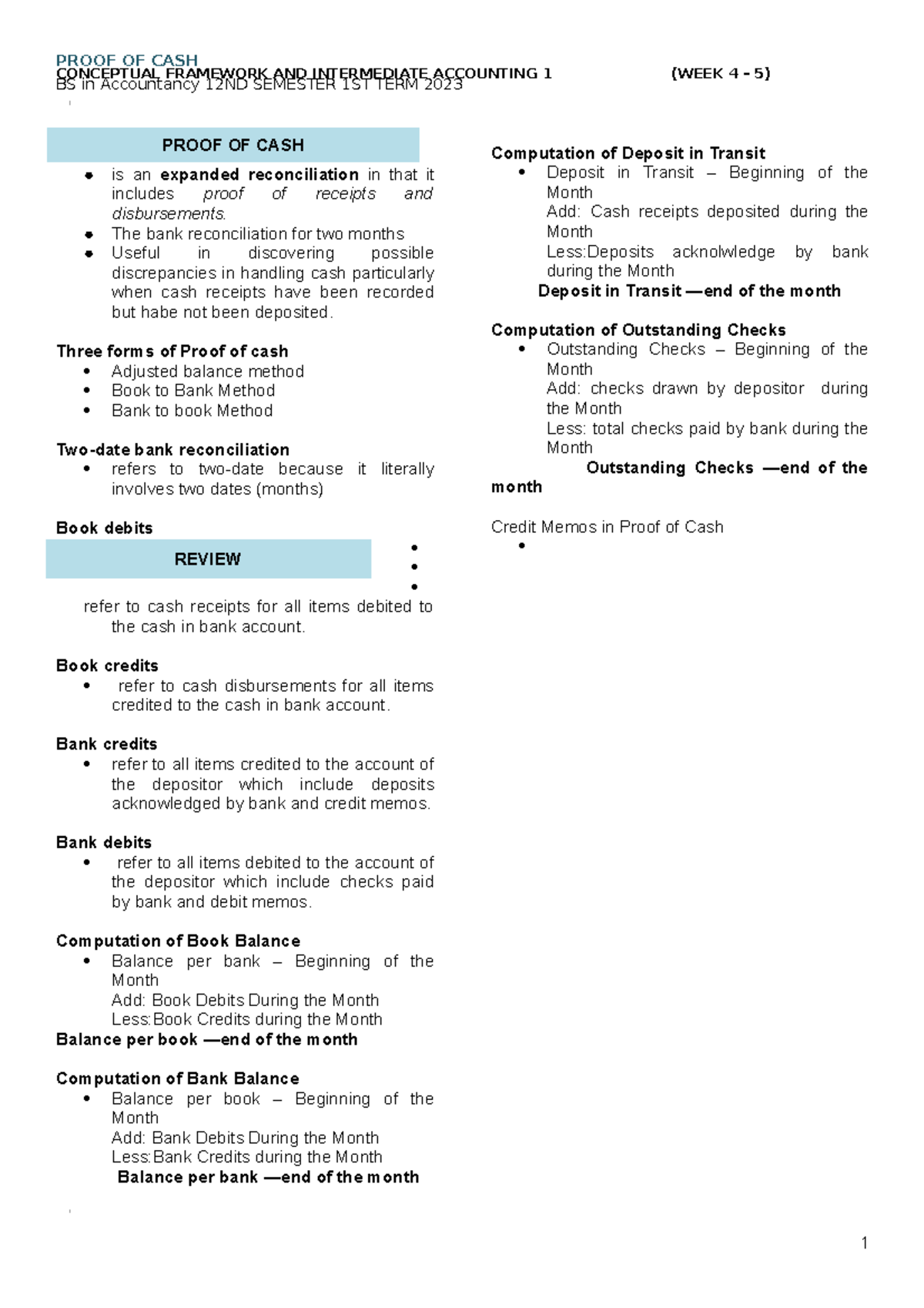 Proof OF CASH - NOTES - PROOF OF CASH CONCEPTUAL FRAMEWORK AND ...