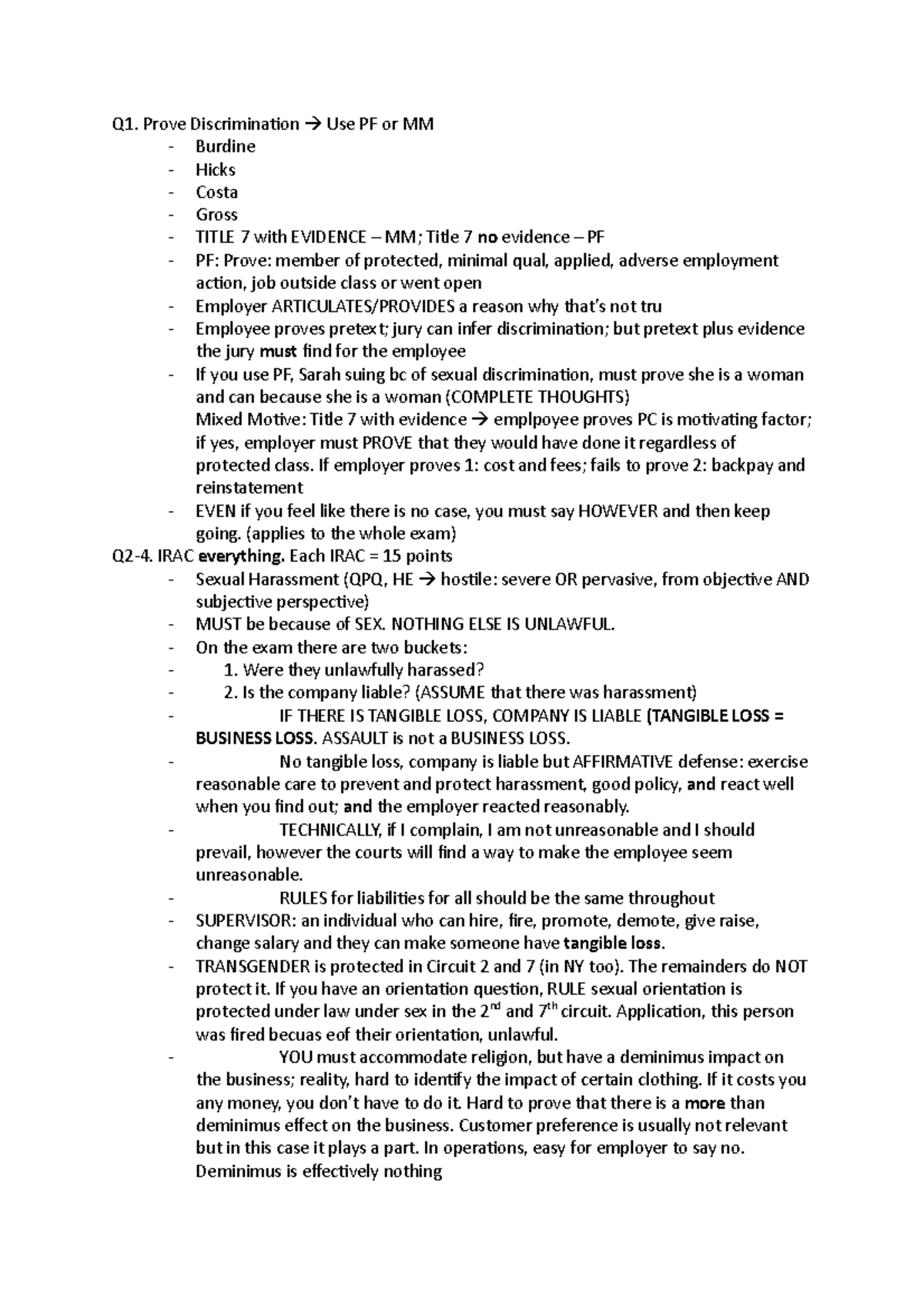 Law Pre Lim 1 Guide from Class - Q1. Prove Discrimination Use PF or MM ...
