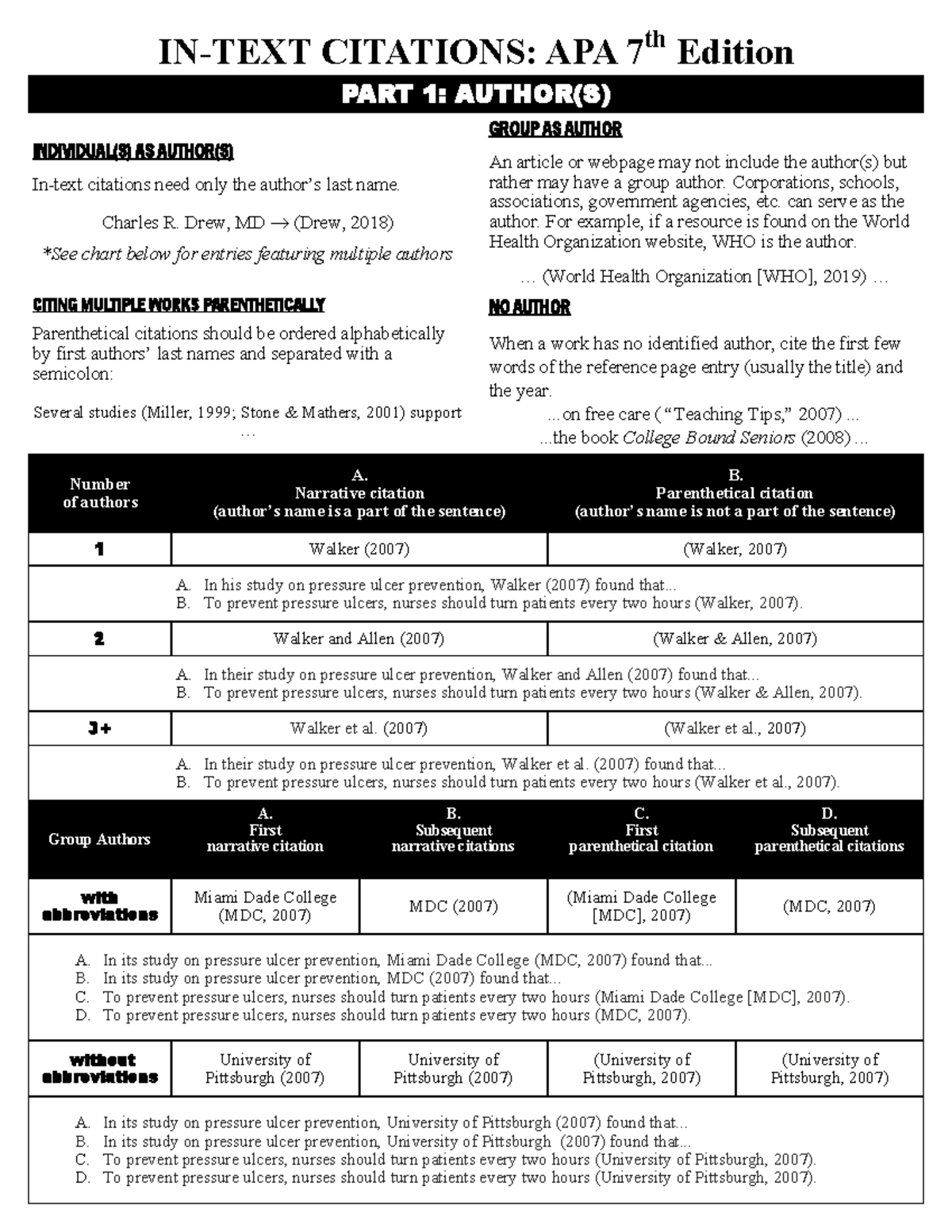In-Text Citations Handout (APA 7th edition) - PART 1: AUTHOR(S ...