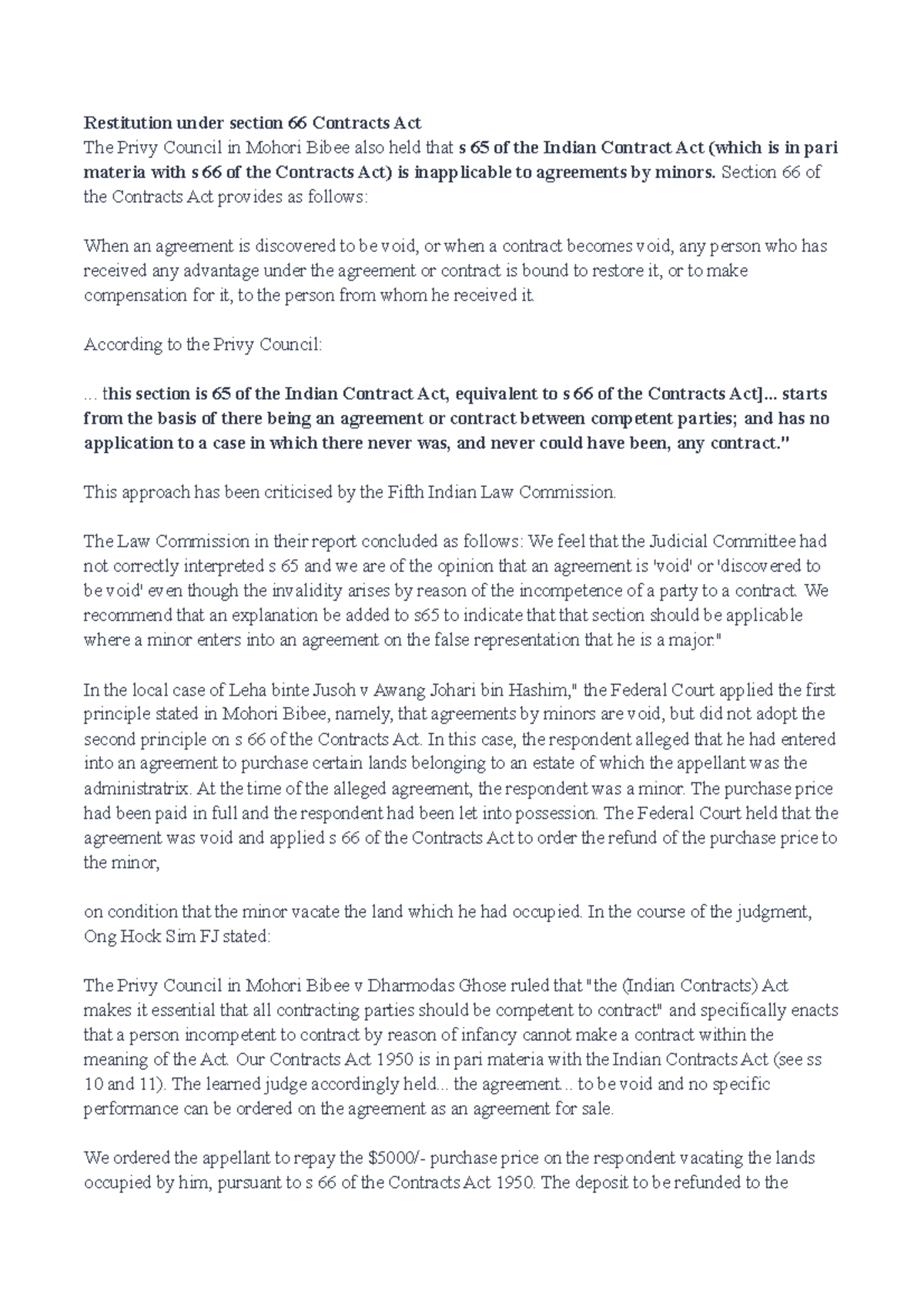 Restitution under section 66 Contracts Act - Section 66 of the ...