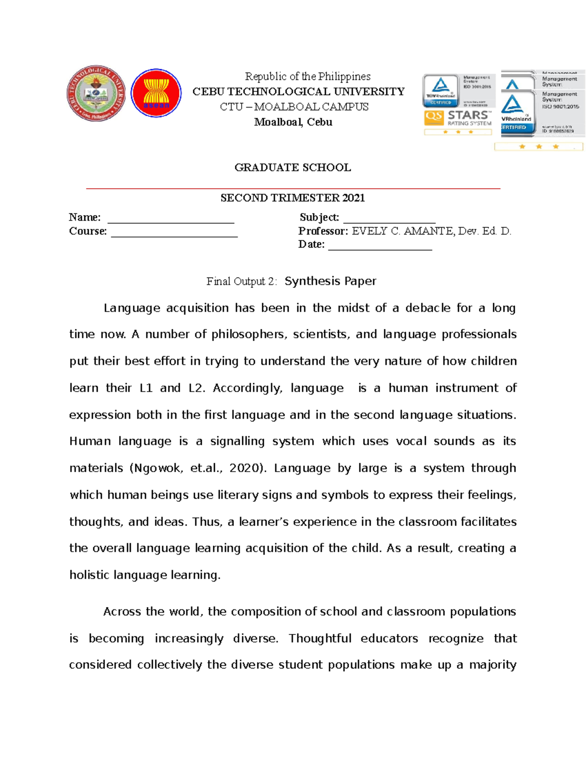 Elt 602 - EXAMINATION - Republic of the Philippines CEBU TECHNOLOGICAL ...