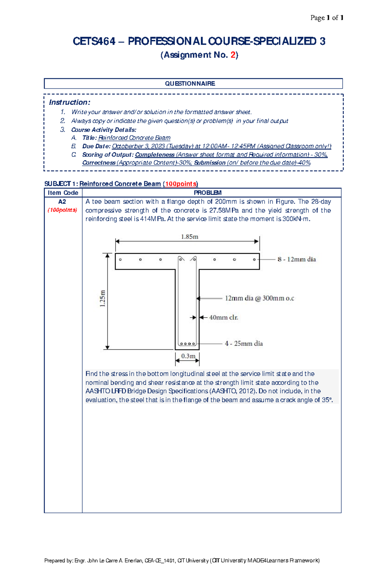 CETS- Questionnaire - Activity 2 - Page 1 of 1 Prepared by: Engr. John ...
