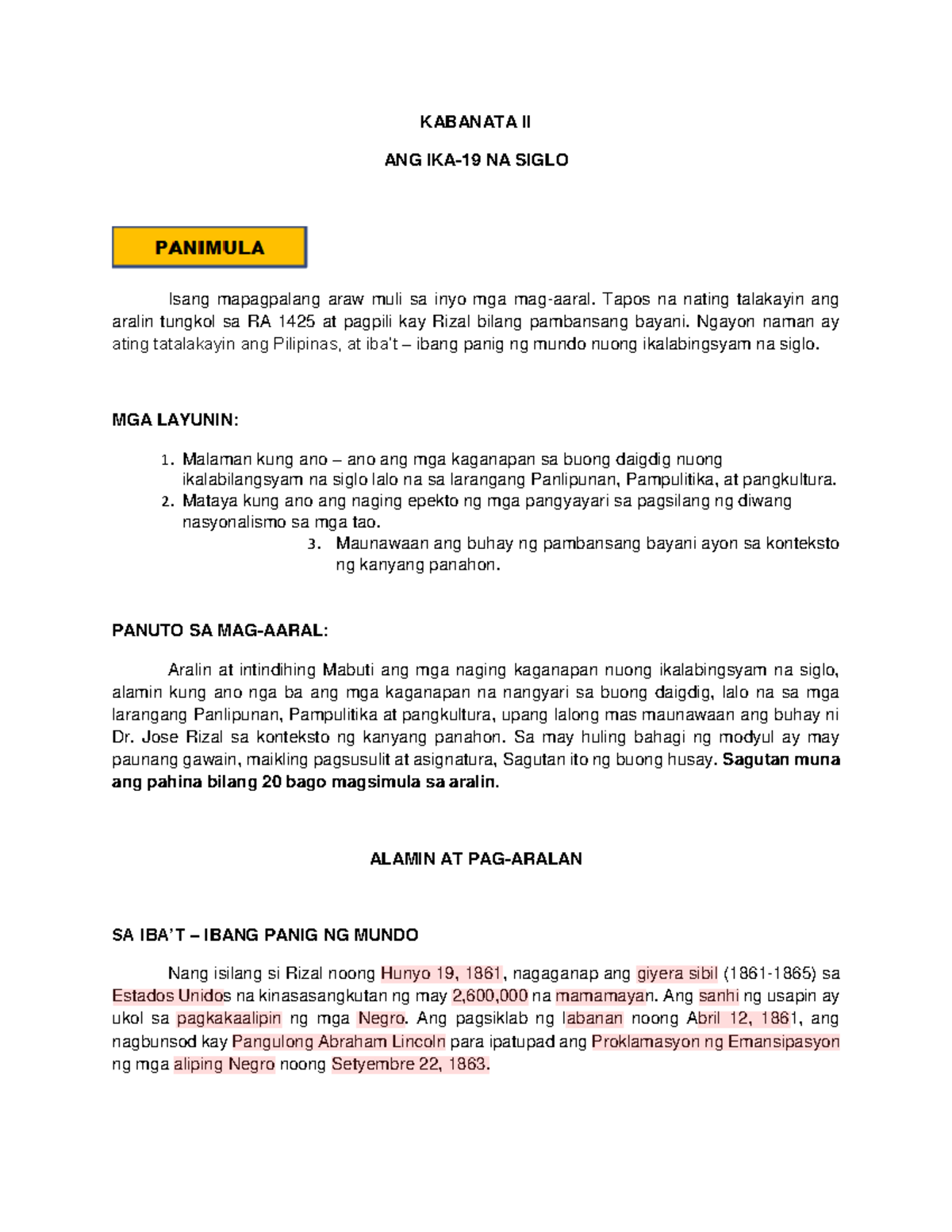 SS5- Aralin-II - None - KABANATA II ANG IKA-19 NA SIGLO Isang ...